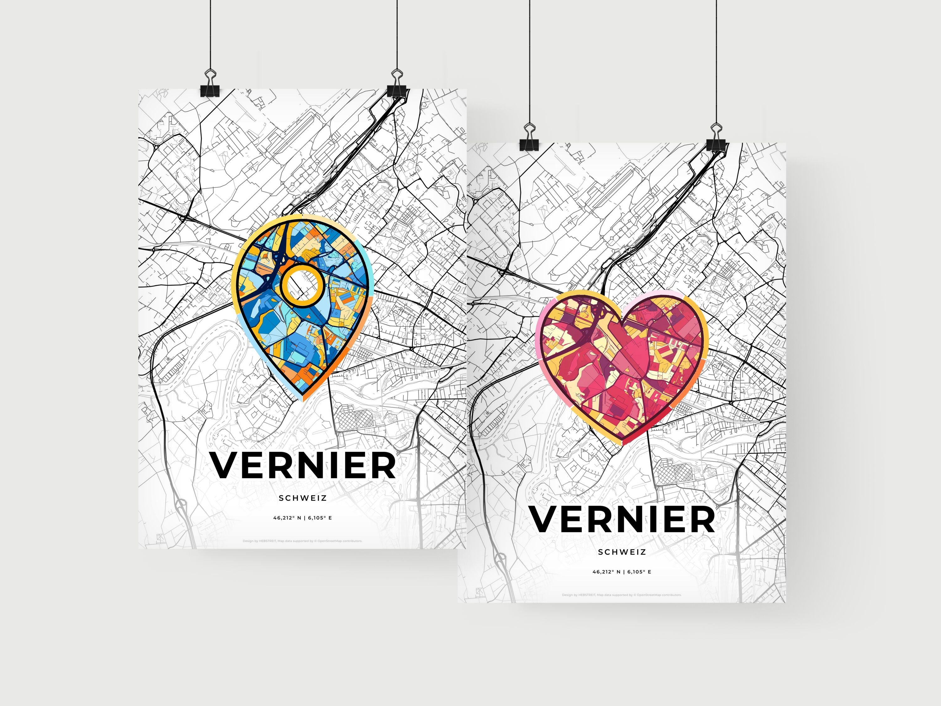 Art Map of Vernier Switzerland, Minimal Art Map With A Colorful Icon ...