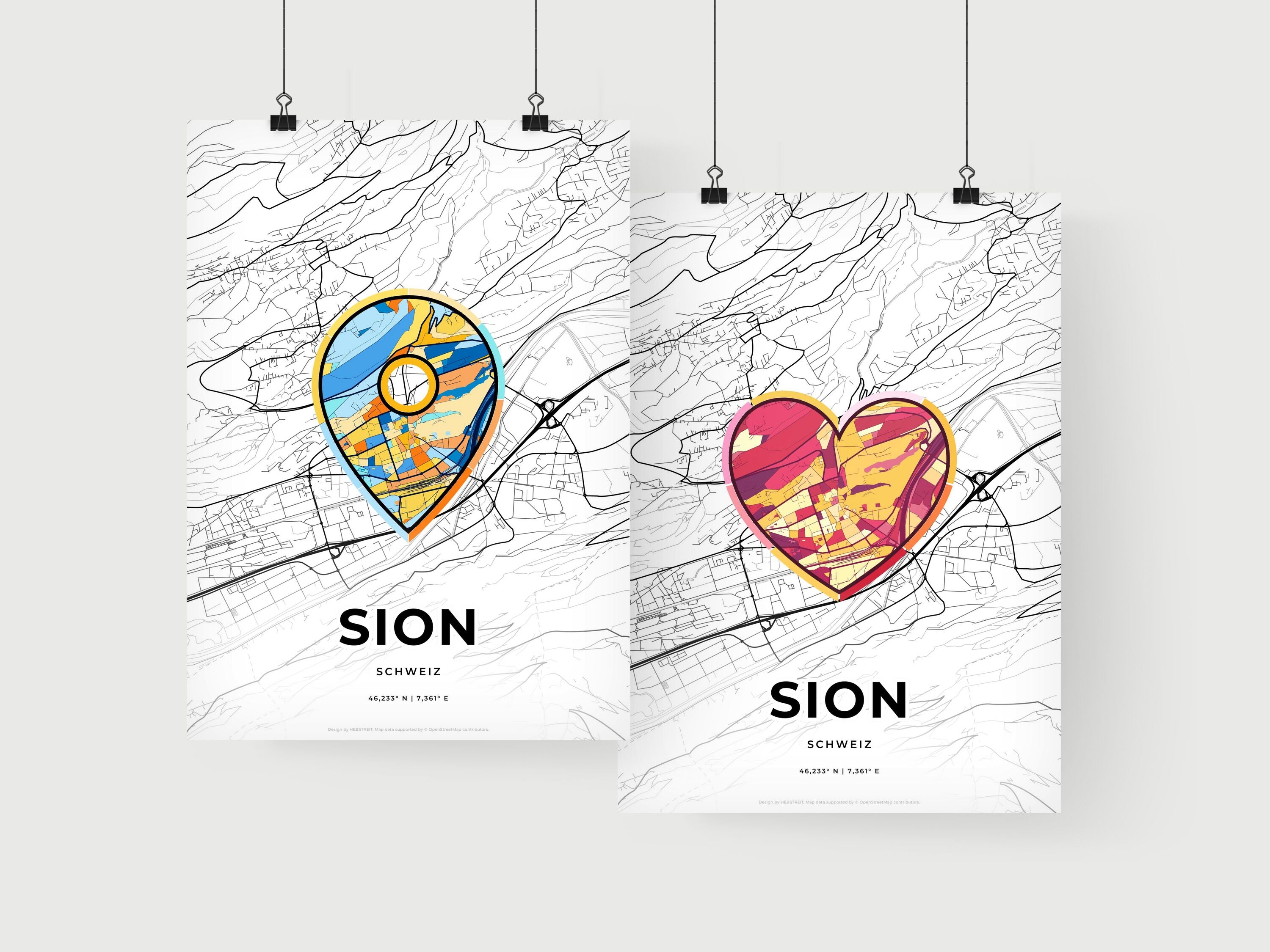 Art Map of Sion Switzerland, Minimal Art Map With A Colorful Icon ...