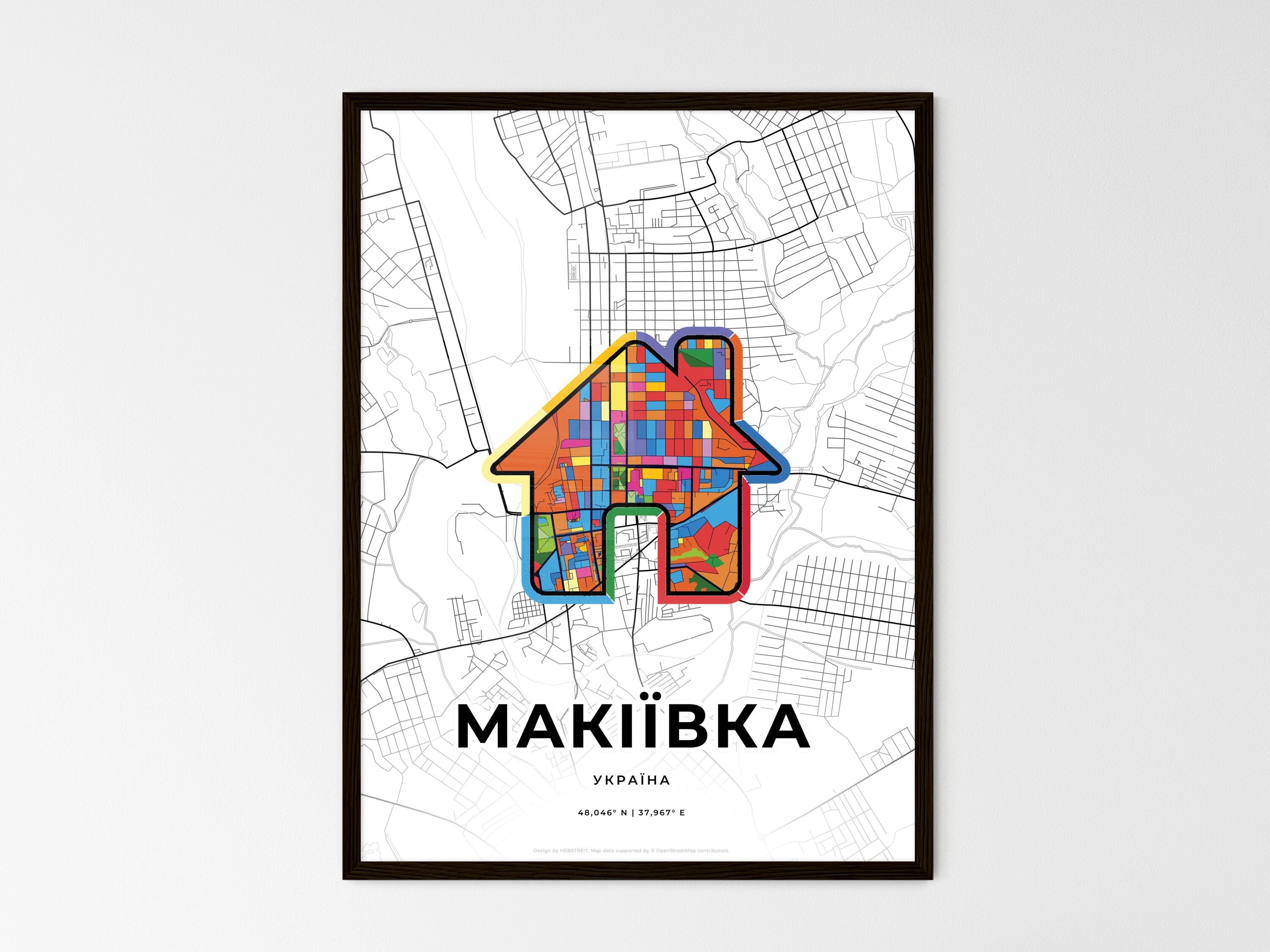 MAKIIVKA UKRAINE minimal art map with a colorful icon. Creative city ...