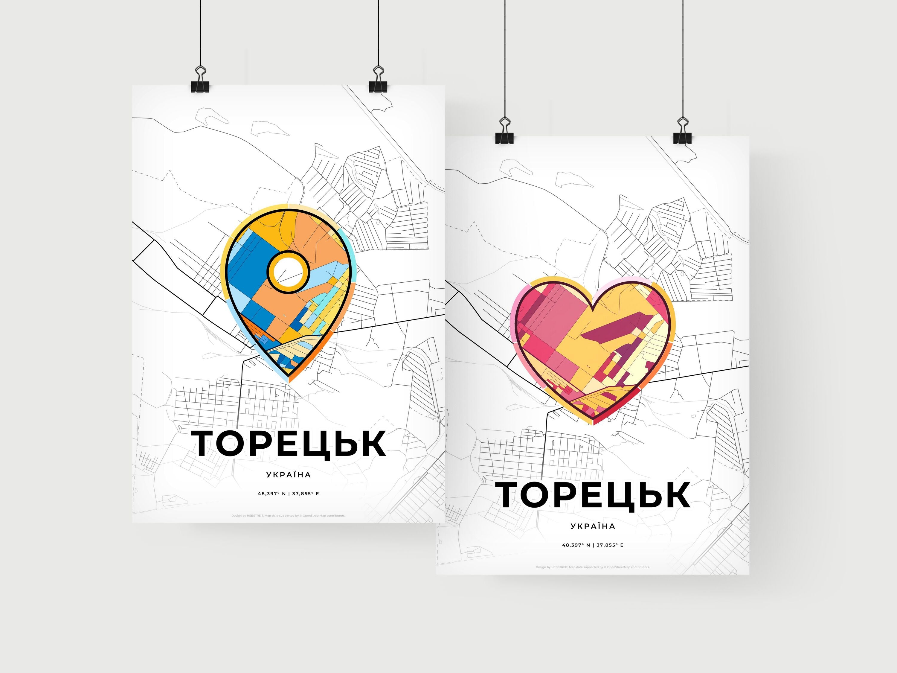 TORETSK UKRAINE minimal art map with a colorful icon. Creative city map ...