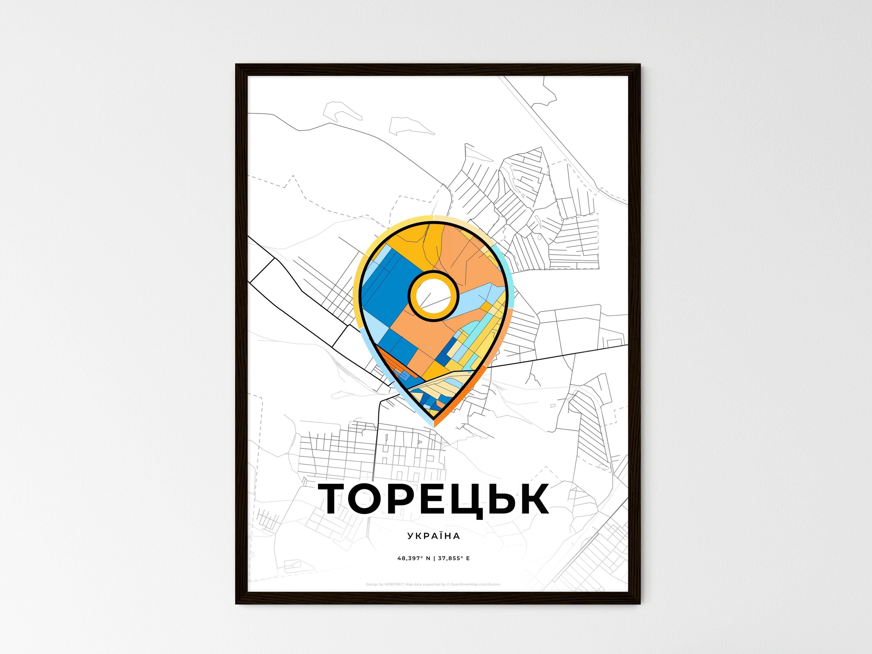 TORETSK UKRAINE minimal art map with a colorful icon. Creative city map ...
