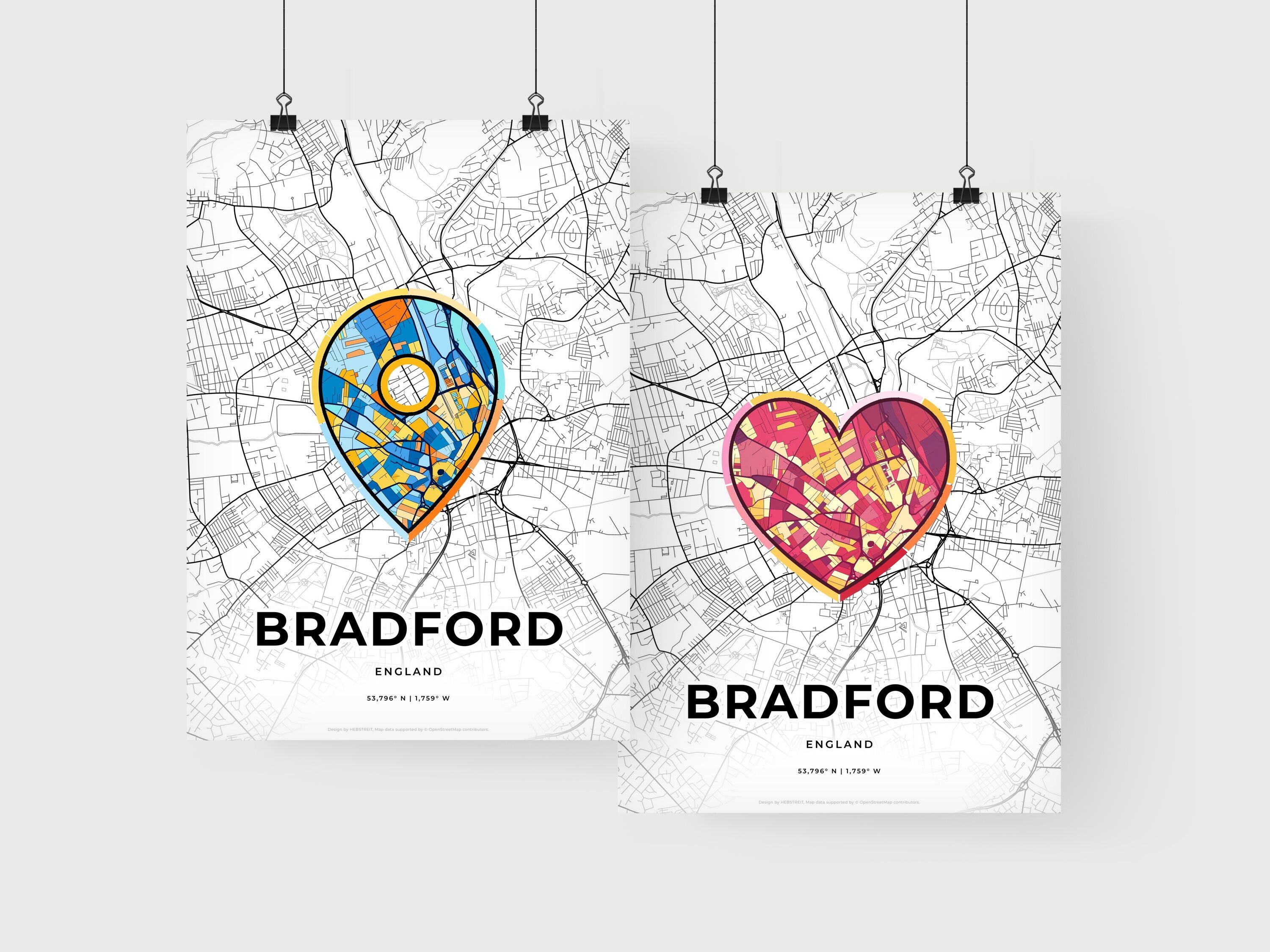 BRADFORD ENGLAND minimal art map with a colorful icon. Creative city ...