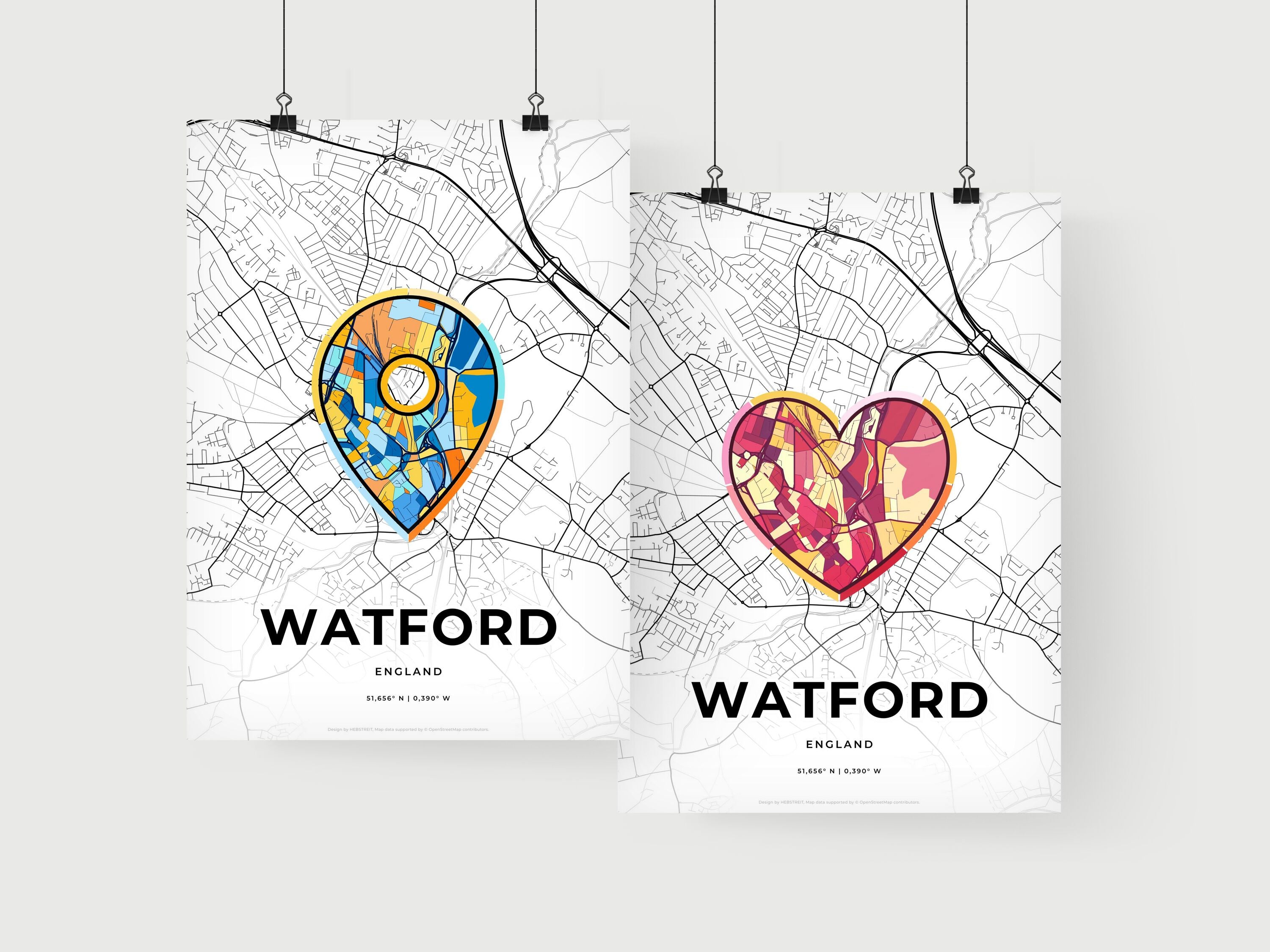 Art Map of Watford England, Minimal Art Map With A Colorful Icon ...