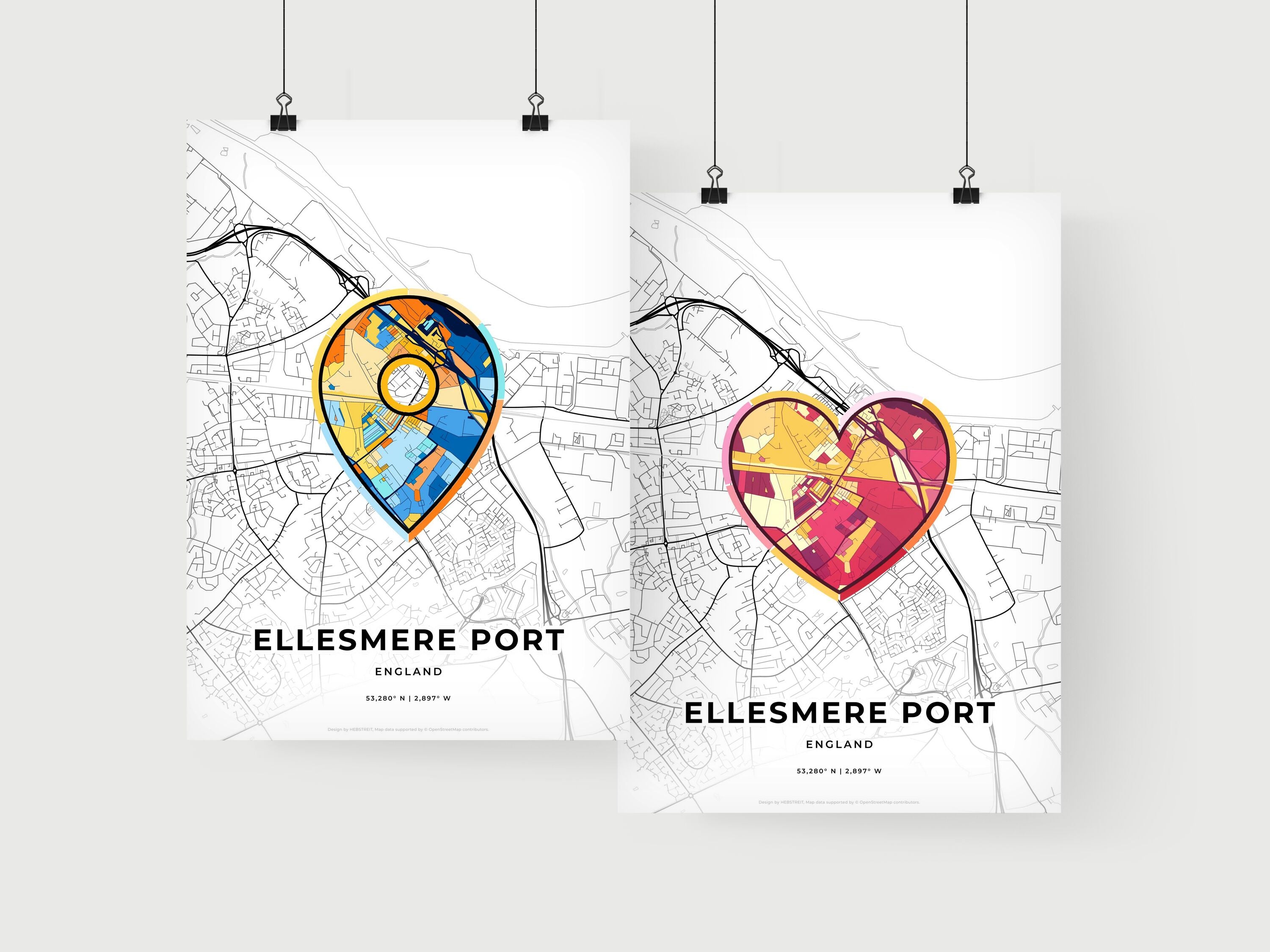 Art Map of Ellesmere Port England, Minimal Art Map With A Colorful Icon ...