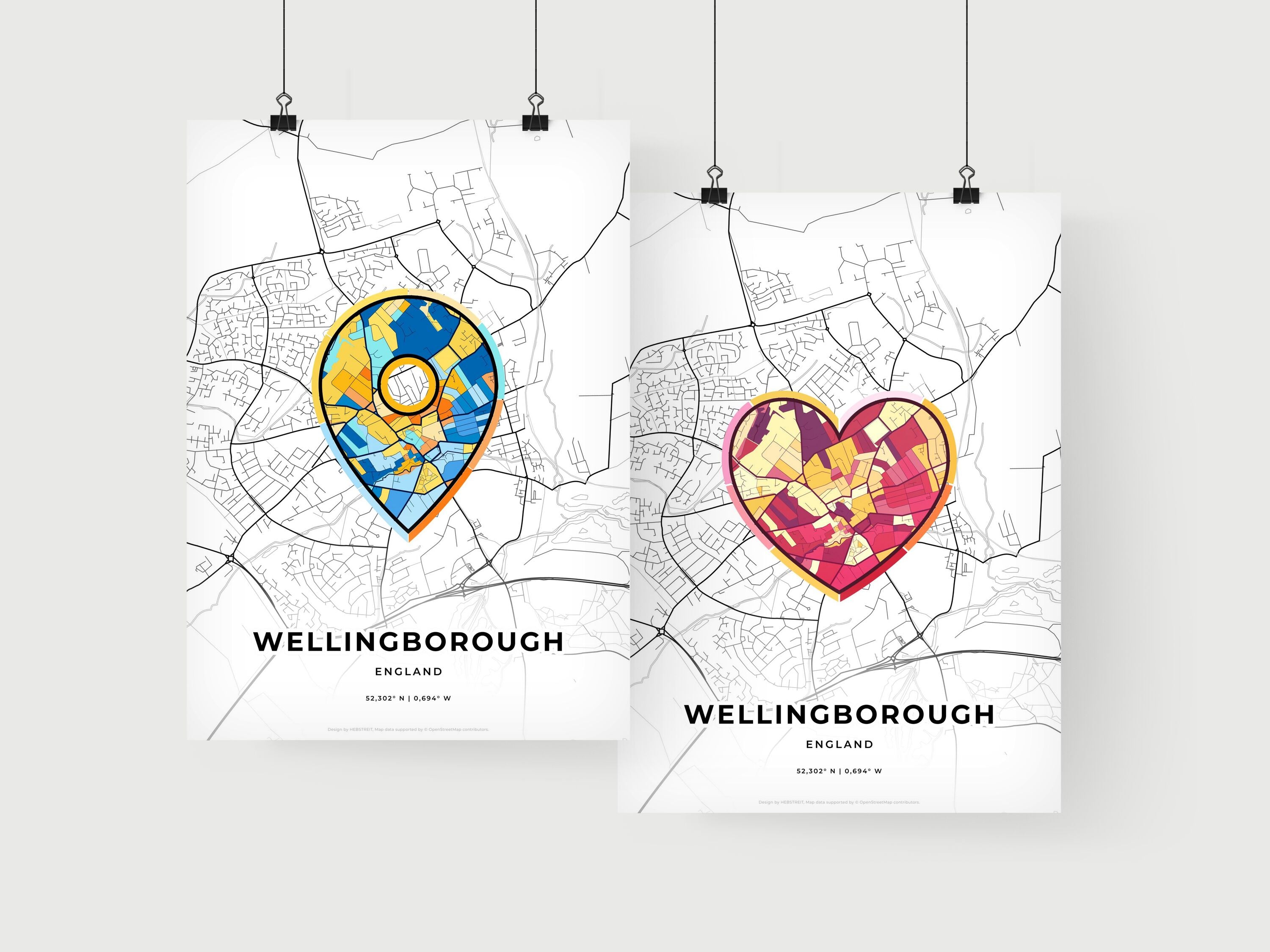 Art Map of Wellingborough England, Minimal Art Map With A Colorful Icon ...