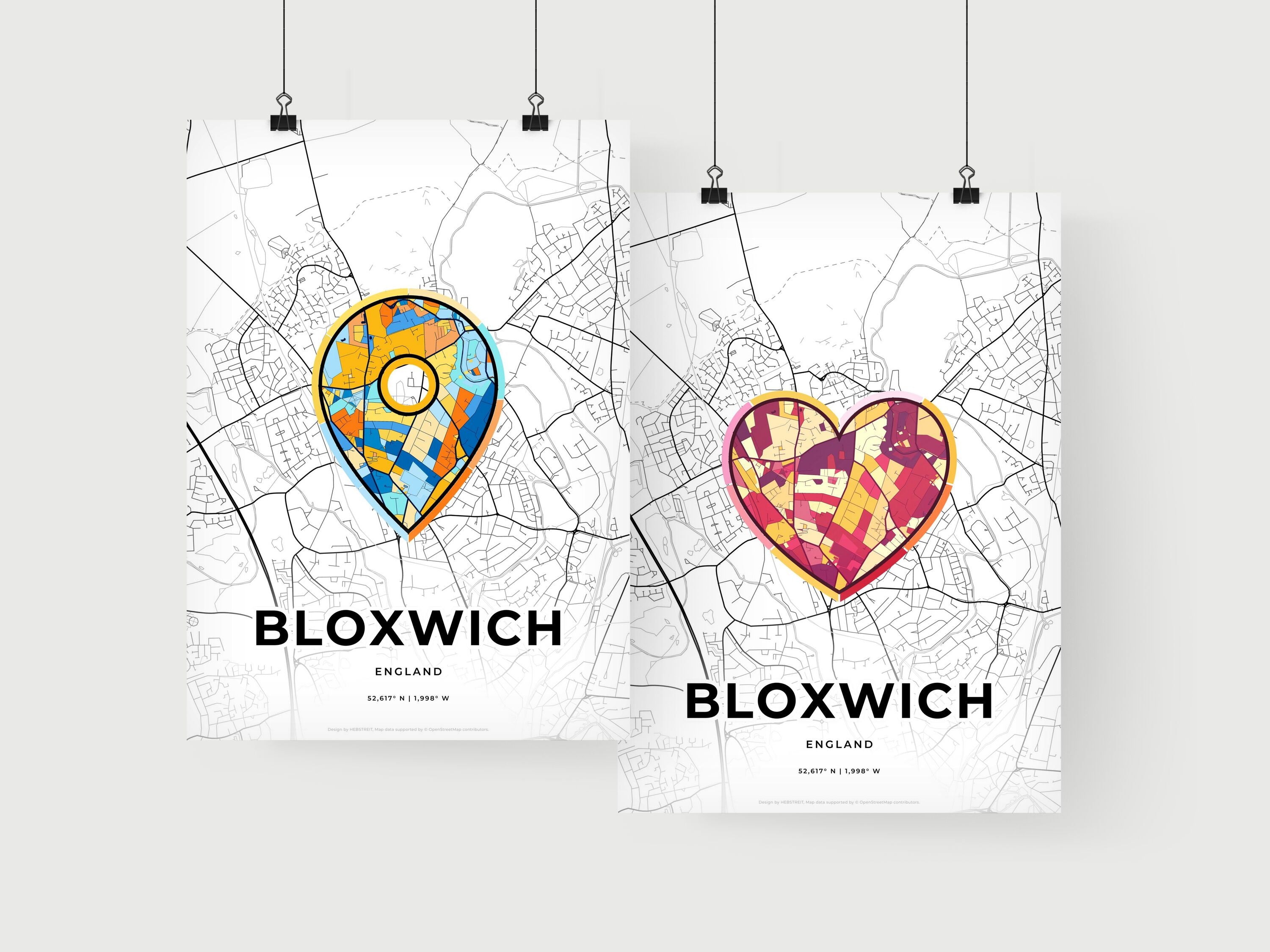 Art Map of Bloxwich England, Minimal Art Map With A Colorful Icon ...