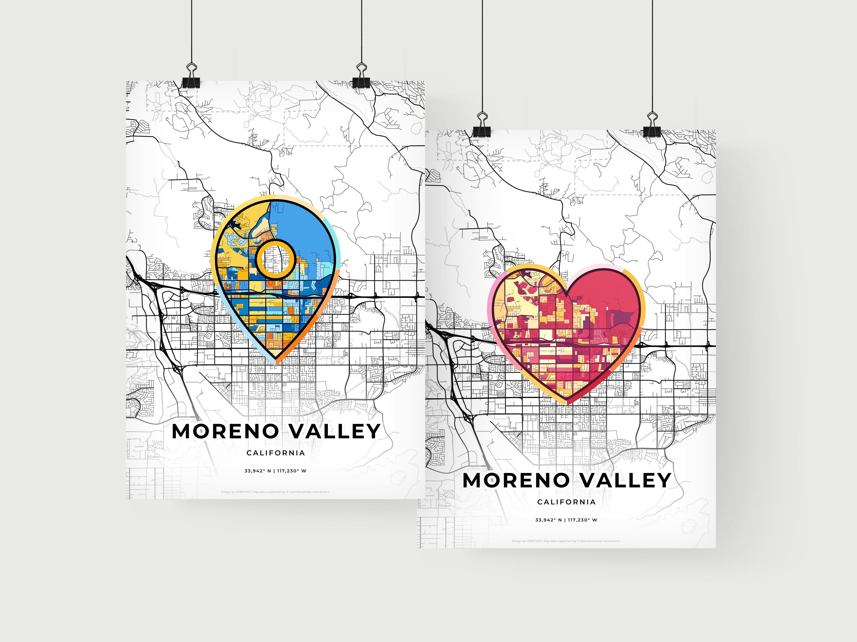 MORENO VALLEY UNITED STATES minimal art map with a colorful icon ...