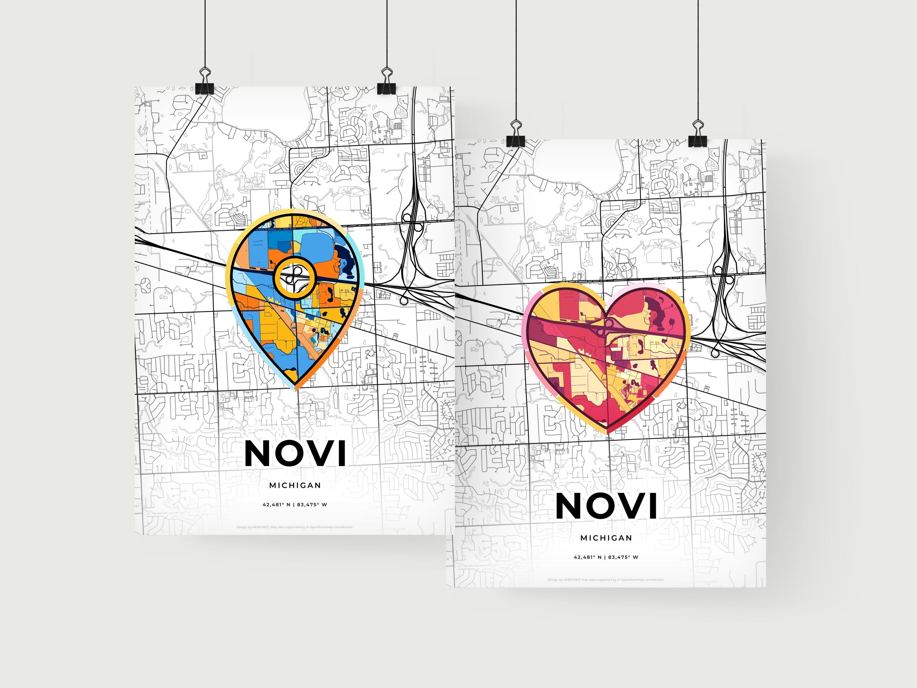 NOVI UNITED STATES minimal art map with a colorful icon. Creative city ...