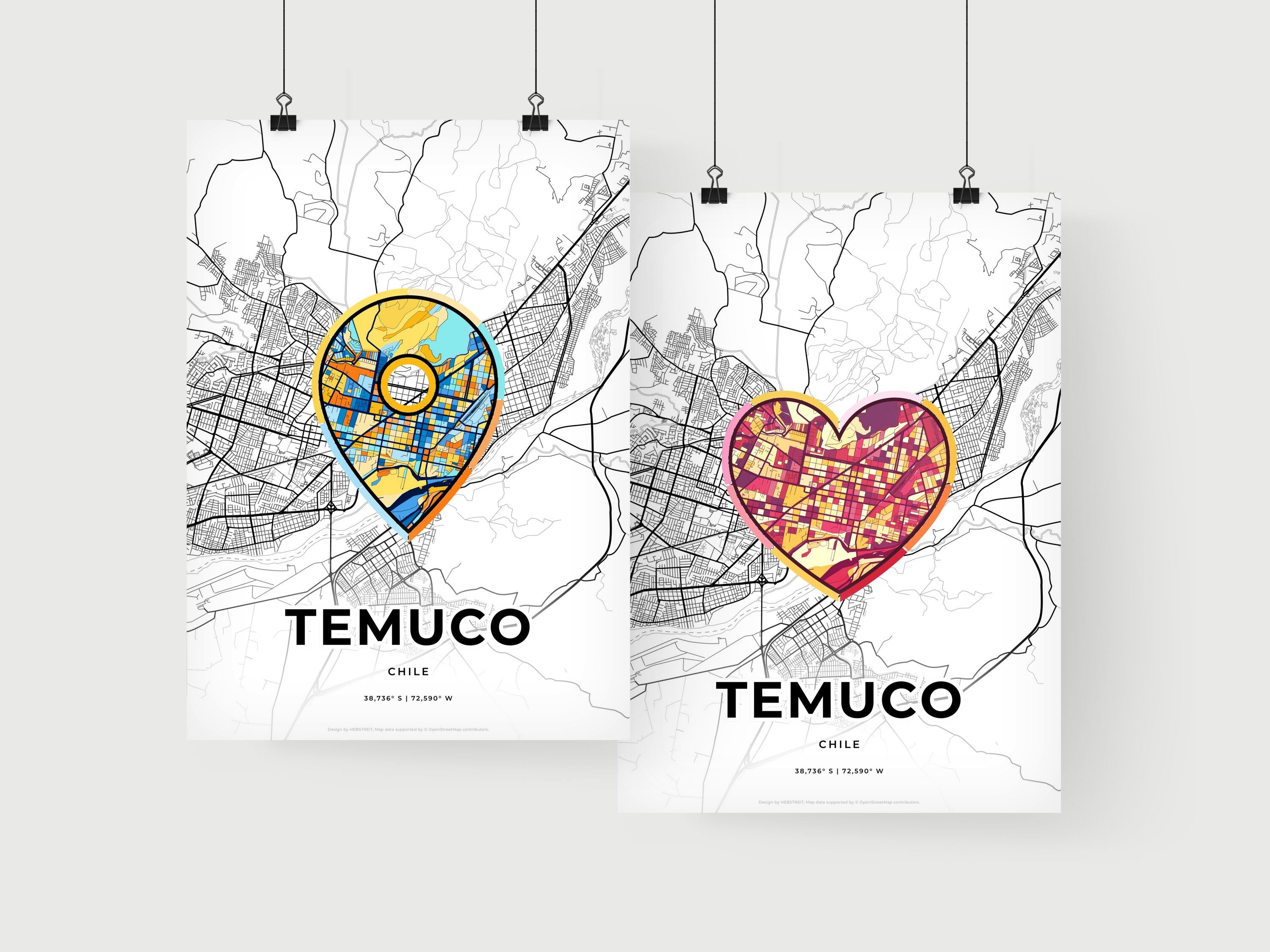TEMUCO CHILE minimal art map with a colorful icon. Creative city map ...