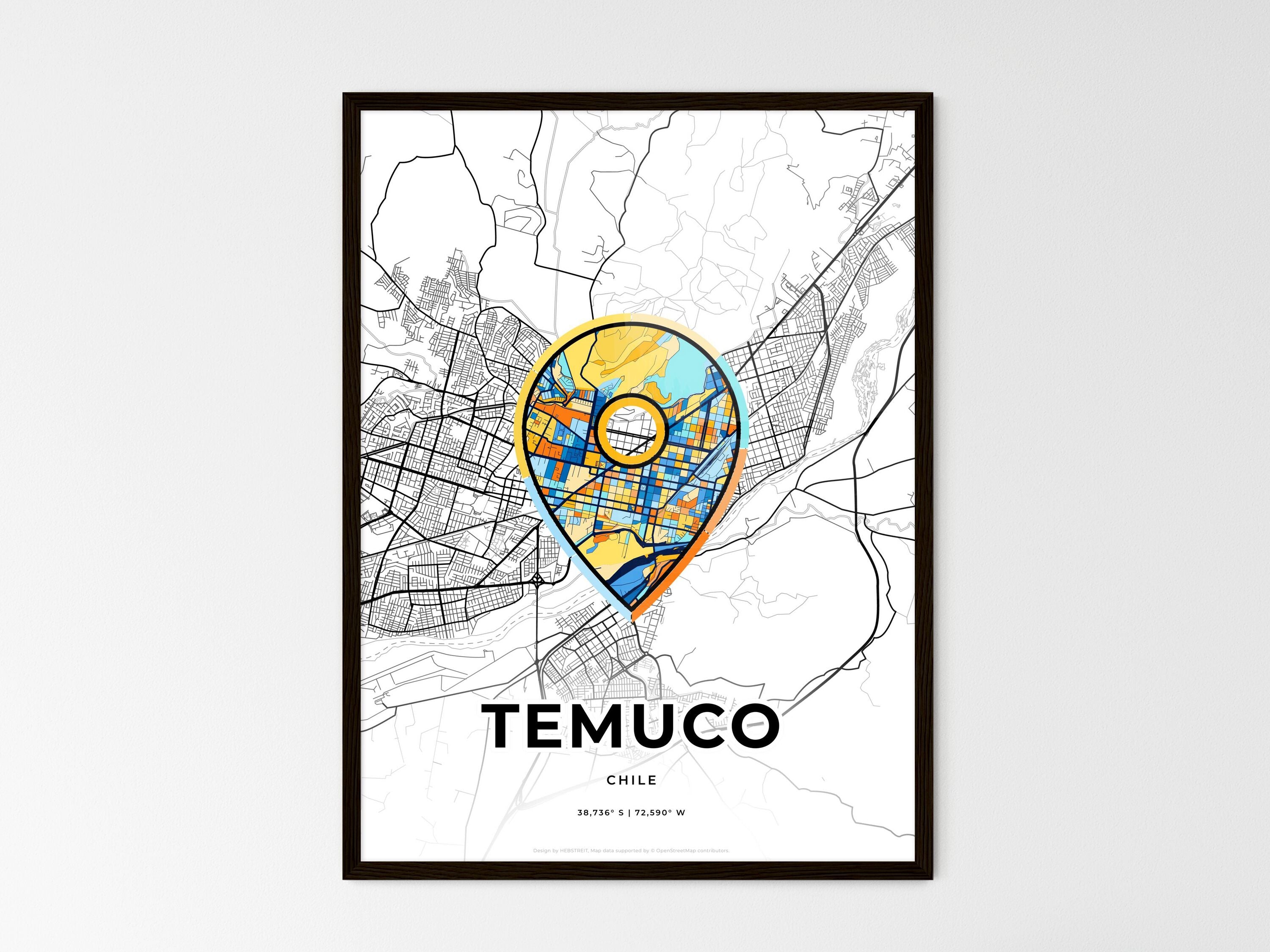 TEMUCO CHILE minimal art map with a colorful icon. Creative city map ...