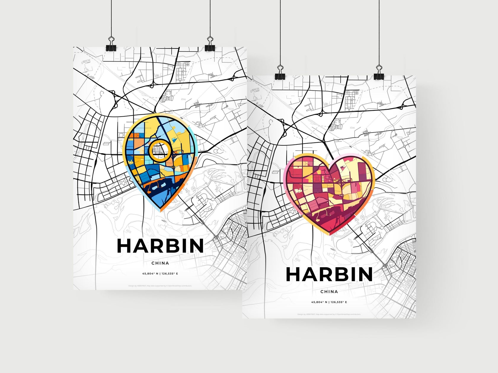 Art Map of Harbin China, Minimal Art Map With A Colorful Icon – HEBSTREIT