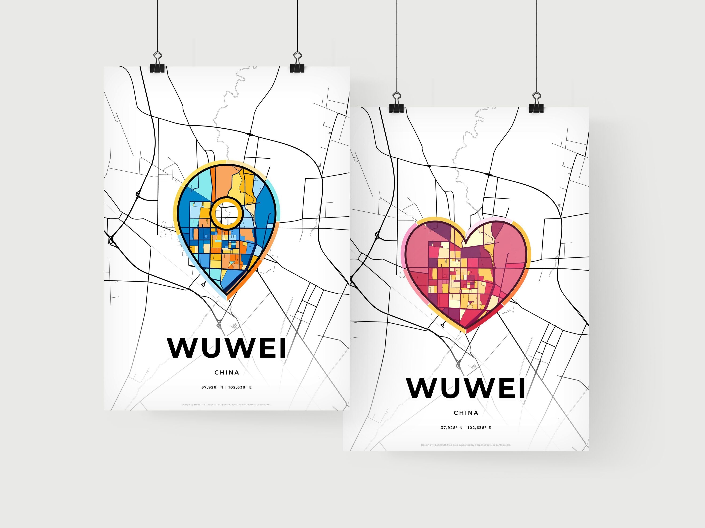 Art Map of Wuwei China, Minimal Art Map With A Colorful Icon – HEBSTREIT