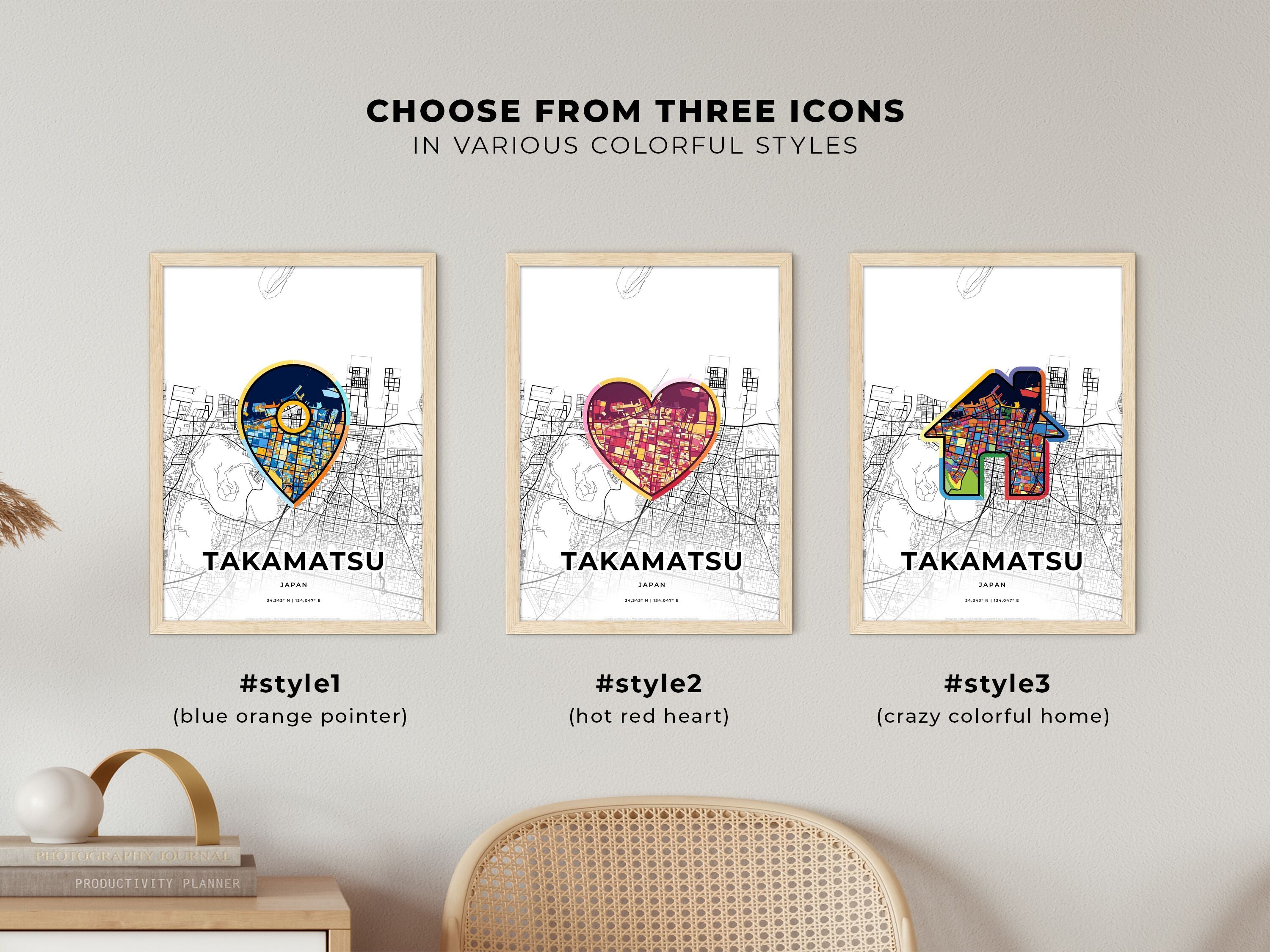 TAKAMATSU JAPAN minimal art map with a colorful icon. Creative city map ...