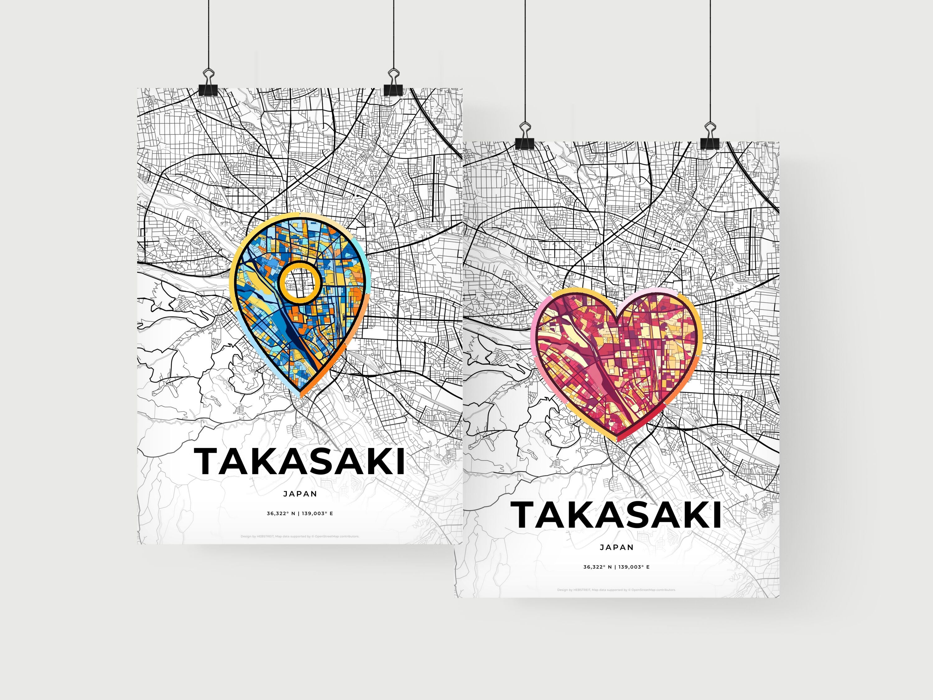 Art Map of Takasaki Japan, Minimal Art Map With A Colorful Icon – HEBSTREIT