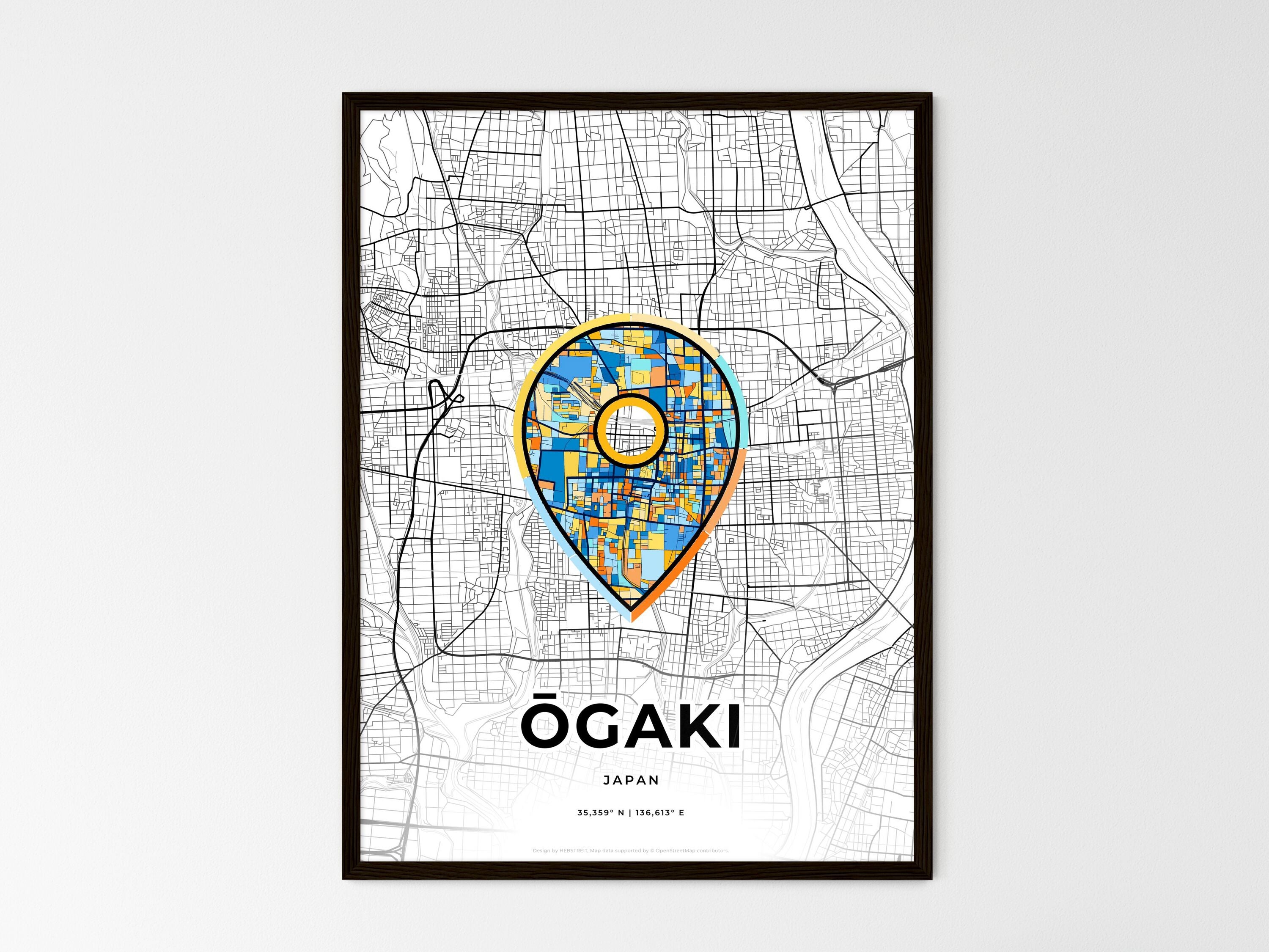 ŌGAKI JAPAN minimal art map with a colorful icon. Creative city map ...