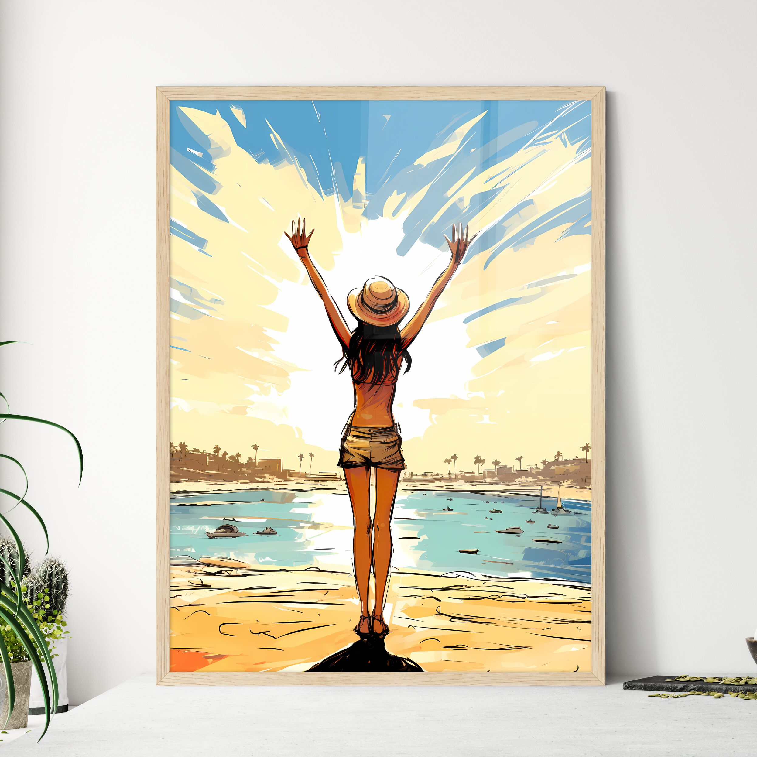Woman Standing On A Beach With Her Arms Up A - Framed Art – HEBSTREIT