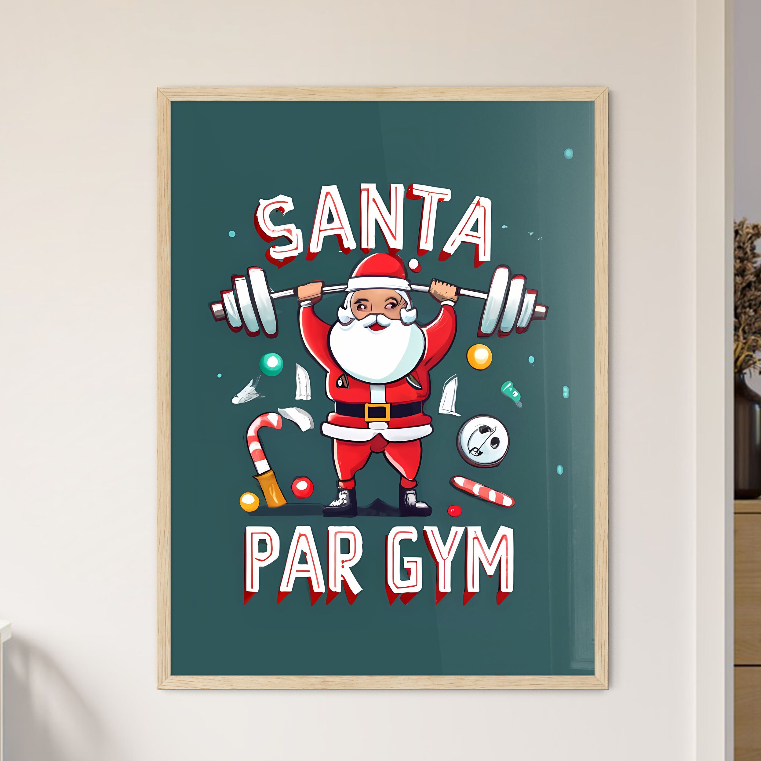 Santa Par Gym - A Cartoon Of A Santa Lifting - Framed Art – HEBSTREIT