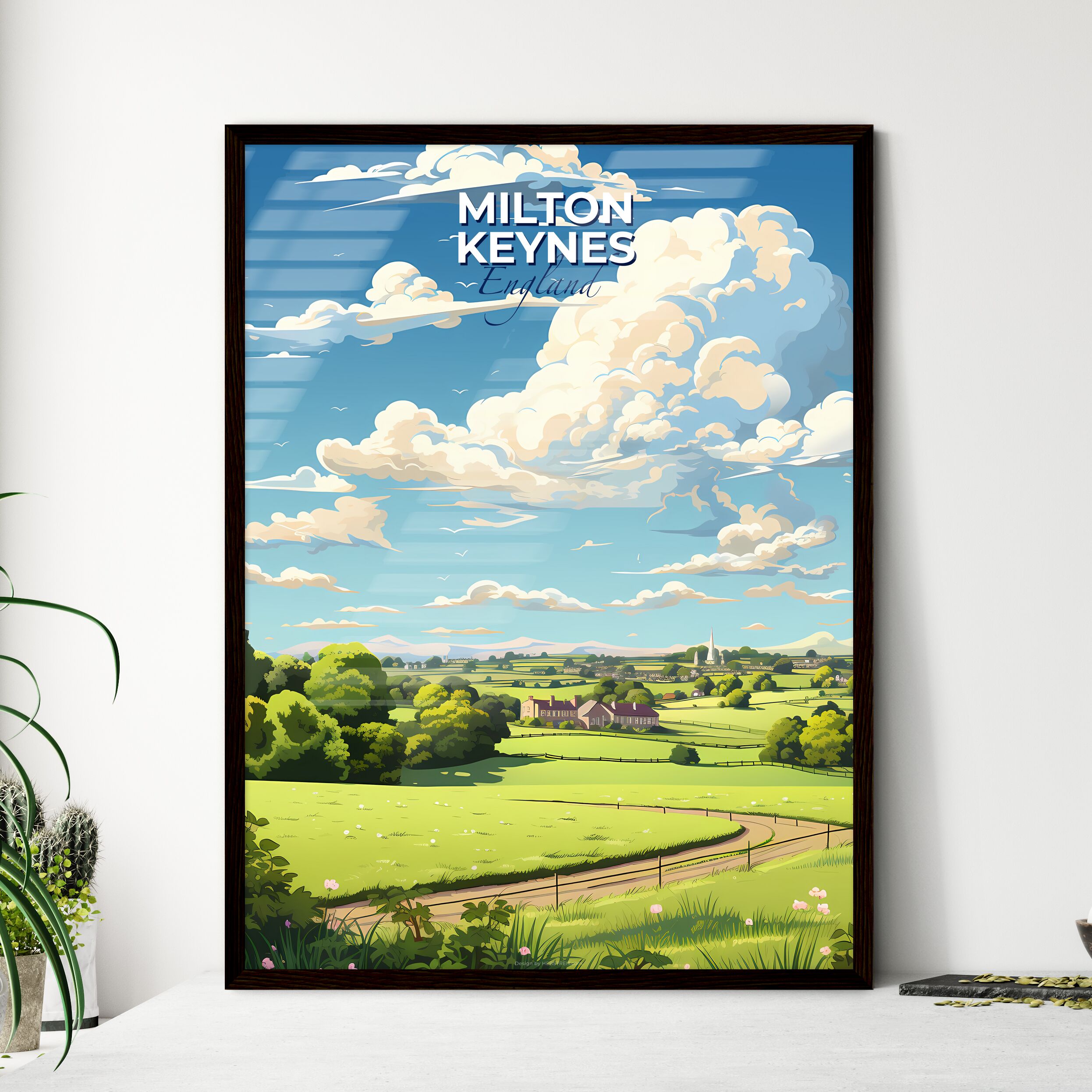 A Poster of Milton Keynes England Skyline - A Landscape With A Road And ...