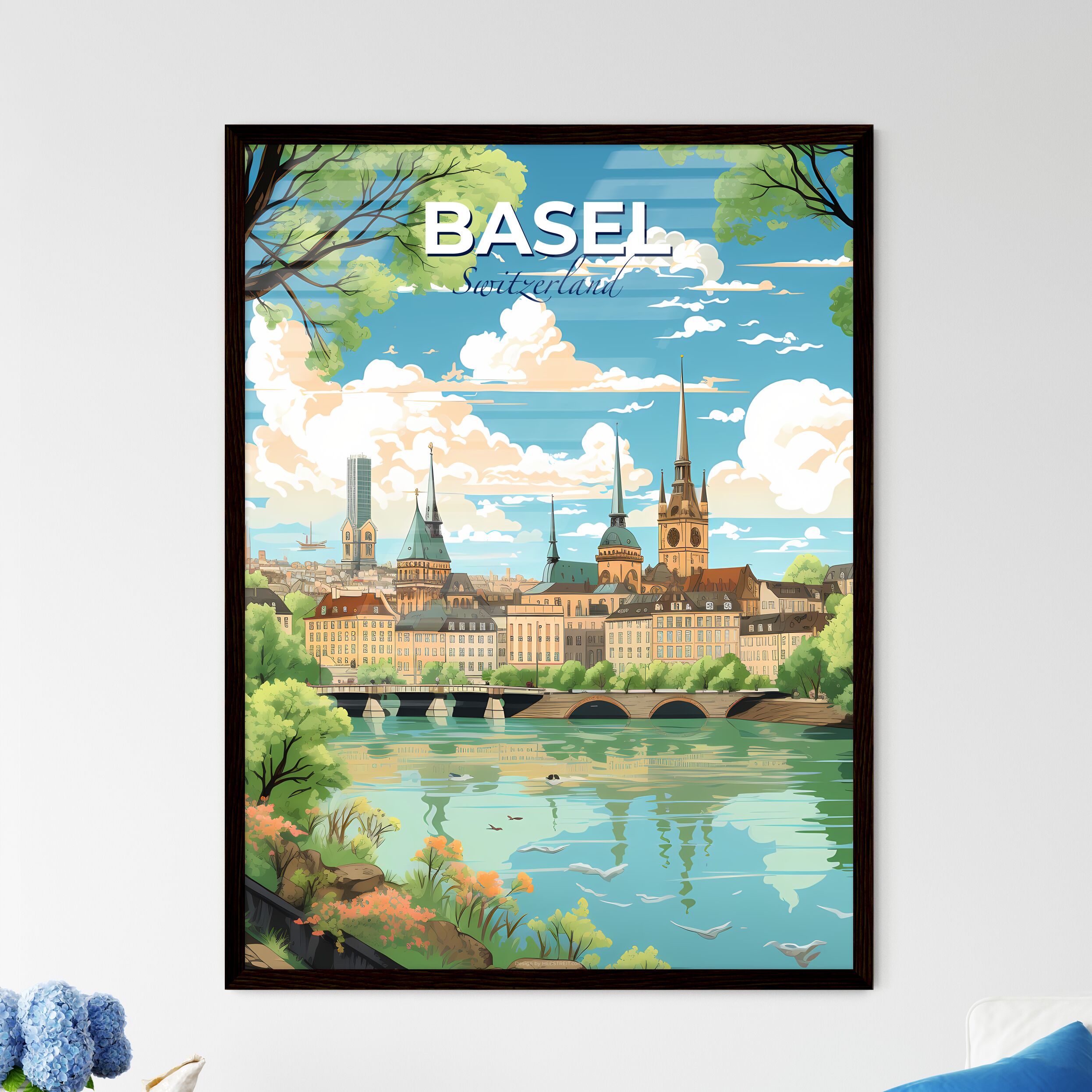 A Poster of Basel Switzerland Skyline - A City With Trees And A Bridge ...