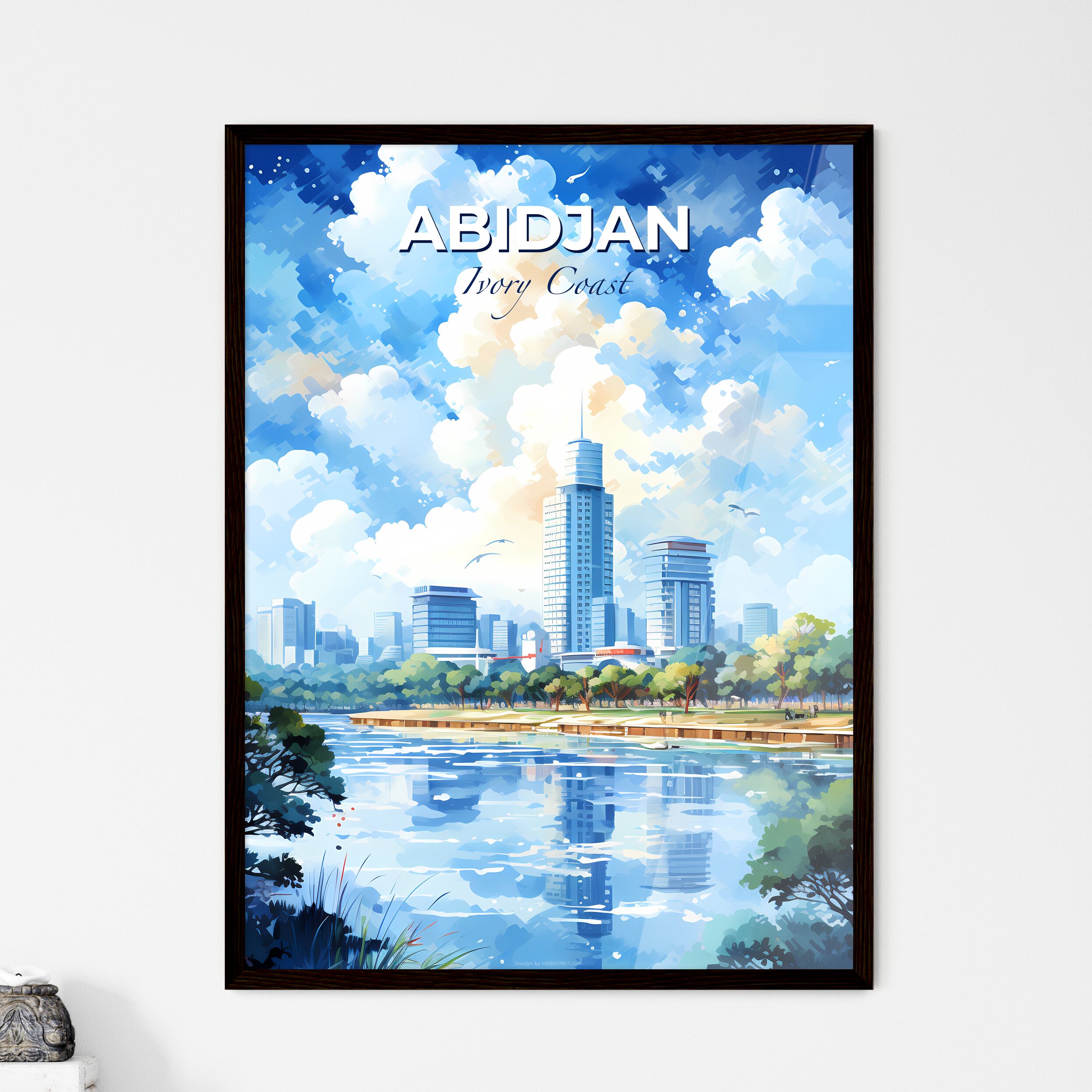 A Poster of Abidjan Ivory Coast Skyline - A Water Body With Trees And ...