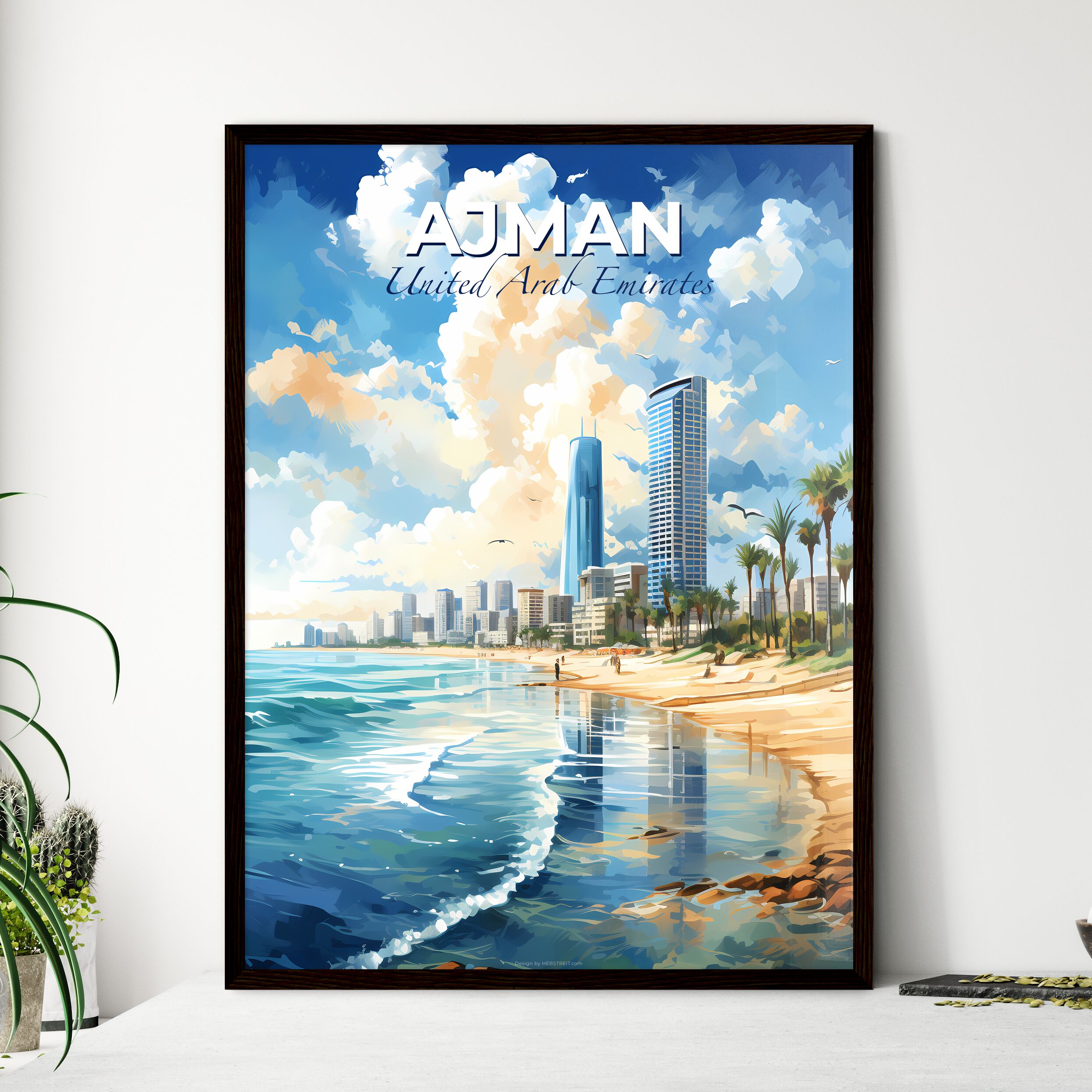 A Poster of Ajman United Arab Emirates Skyline - A Beach With Tall ...
