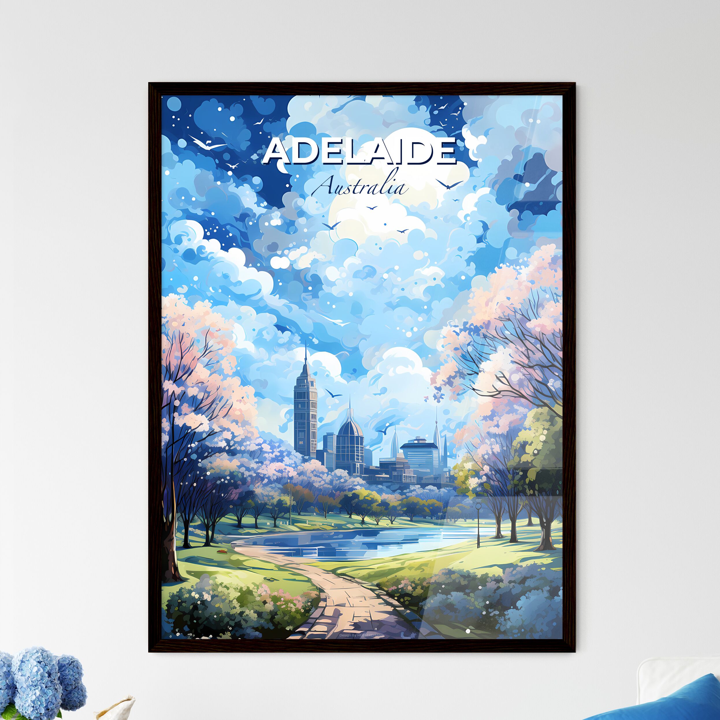 A Poster of Adelaide Australia Skyline - A Landscape Of A Park With ...