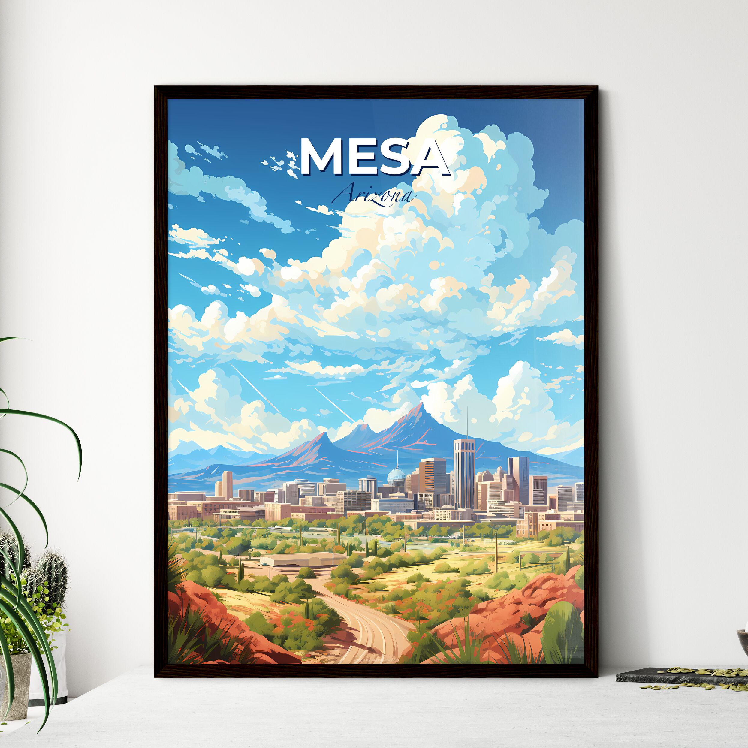 A Poster of Mesa Arizona Skyline - A City Landscape With Mountains In ...