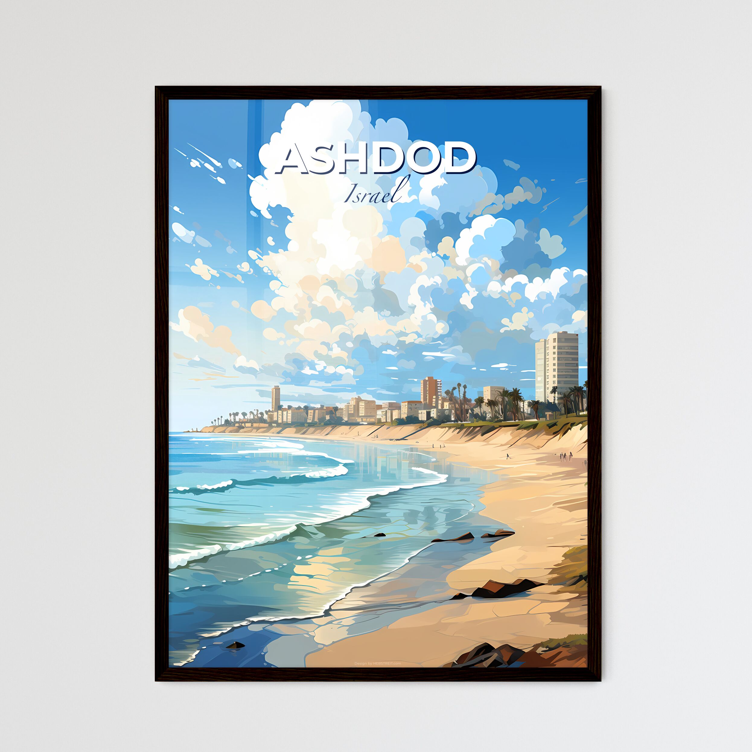 A Poster of Ashdod Israel Skyline - A Beach With Buildings And Waves by ...