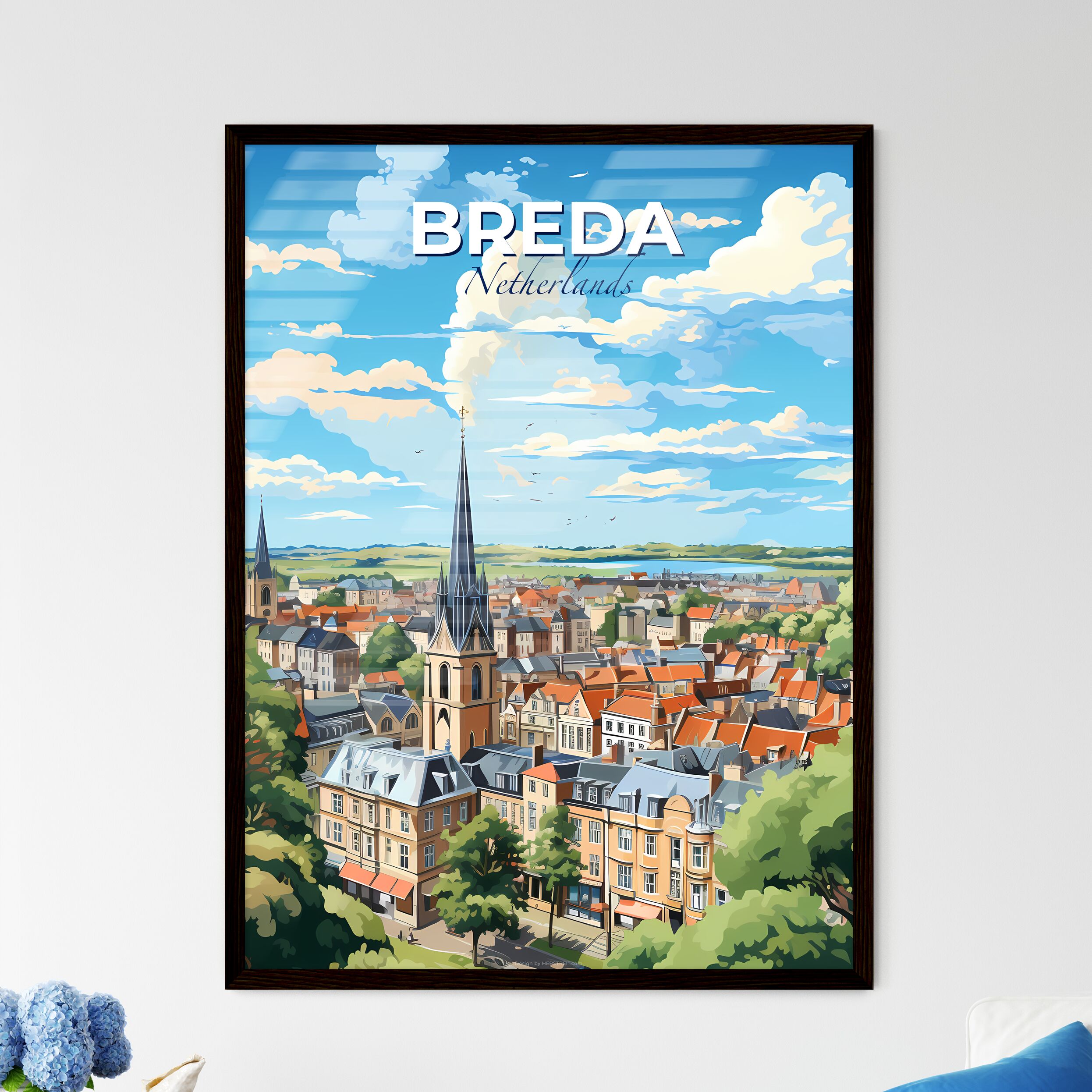 A Poster of Breda Netherlands Skyline - A City With A Steeple And Trees ...