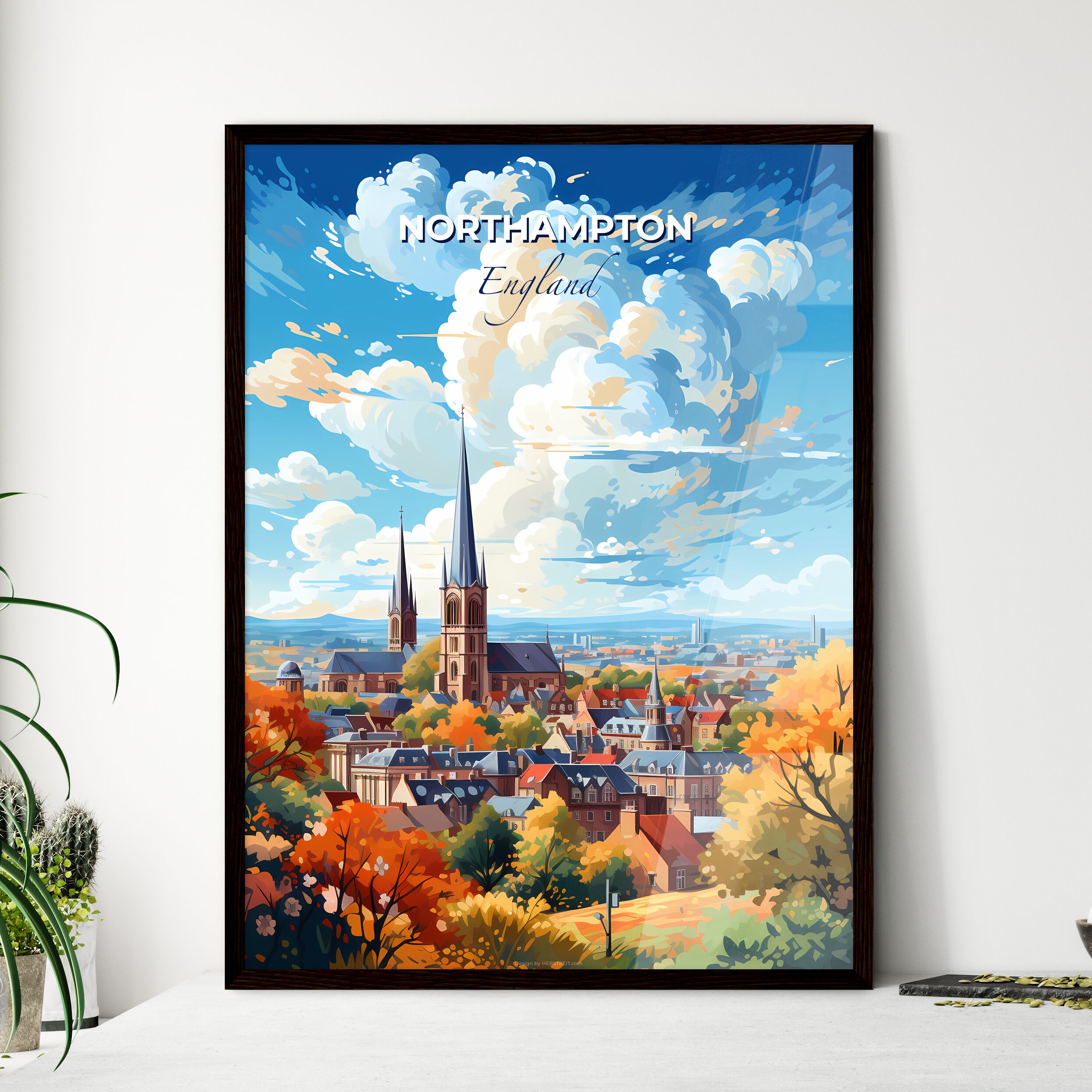 A Poster of Northampton England Skyline - A City With A Church And ...