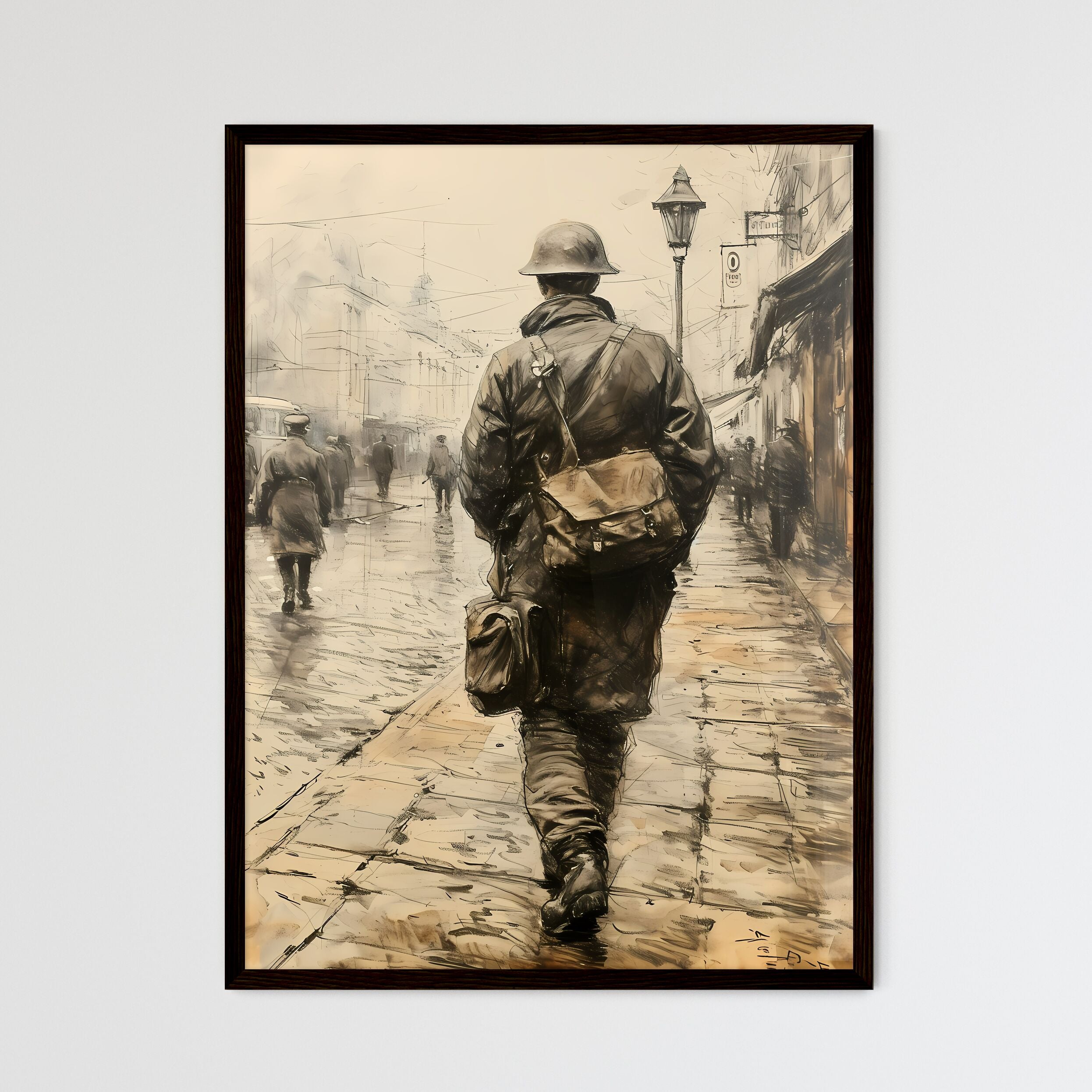 A Poster of soldier carrying rifle - A Man In A Helmet Walking Down A ...