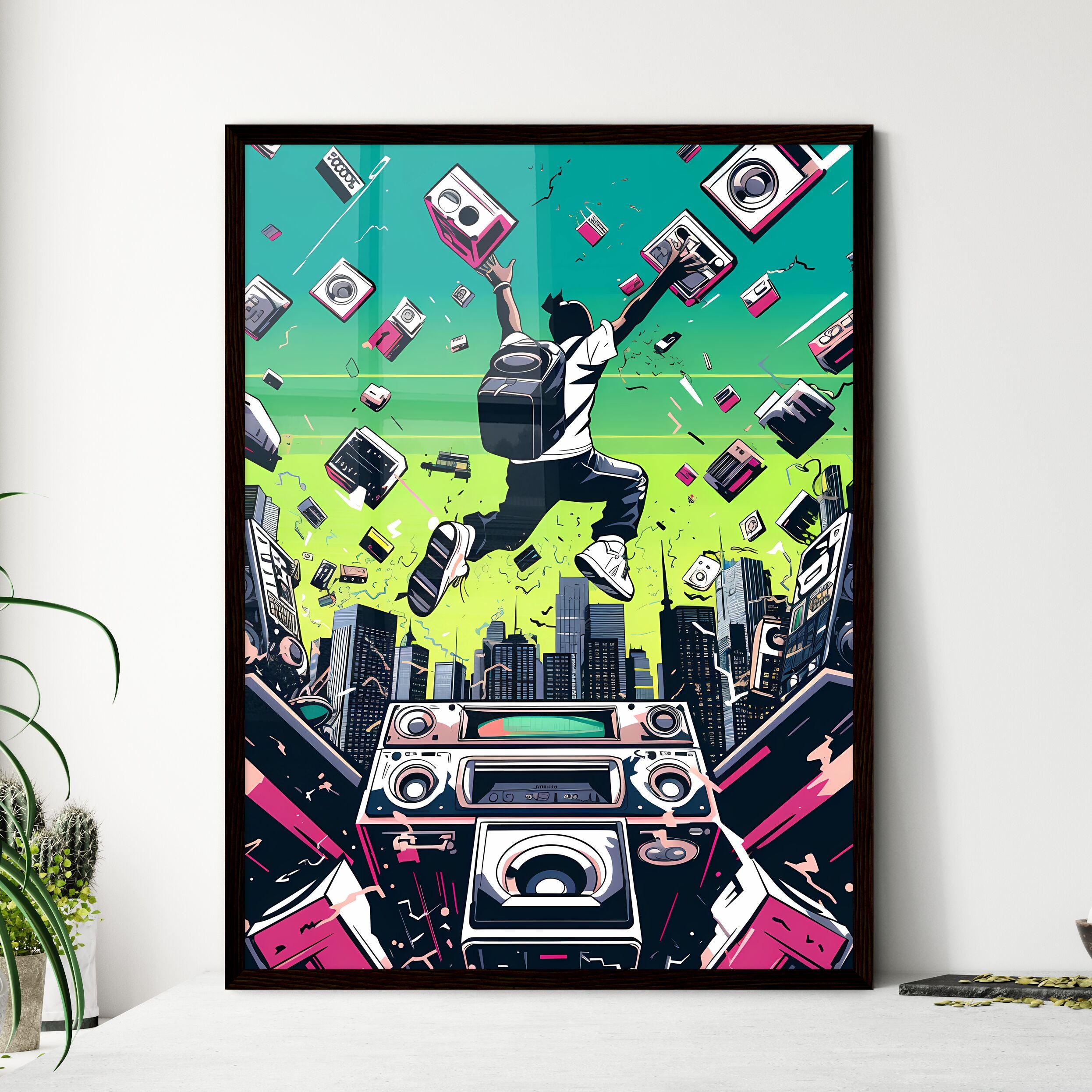 A Poster of an illustration of 80s rap song - A Man Jumping In The Air ...