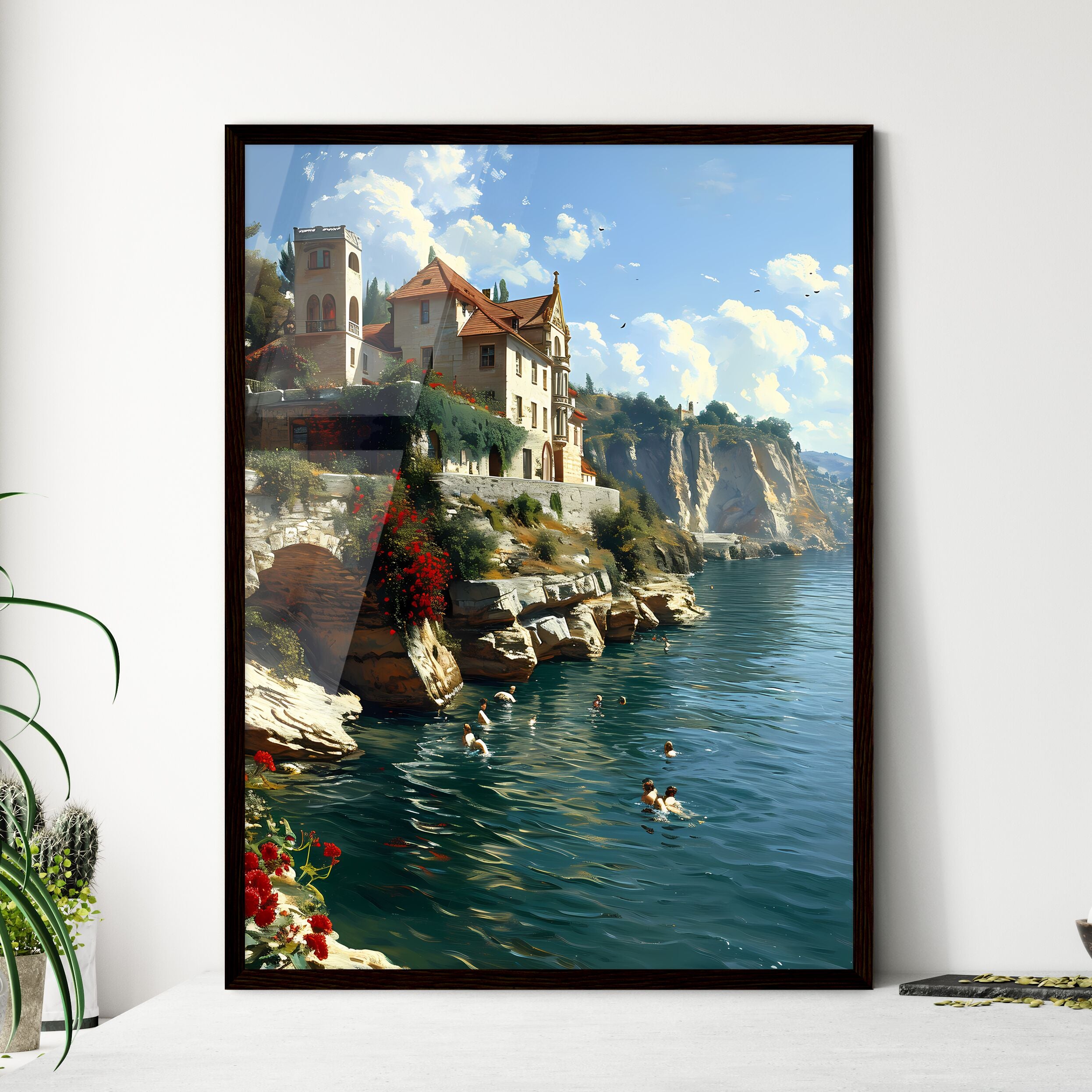 A Poster of bathing scene - A Building On A Cliff Above Water by HEBSTREIT