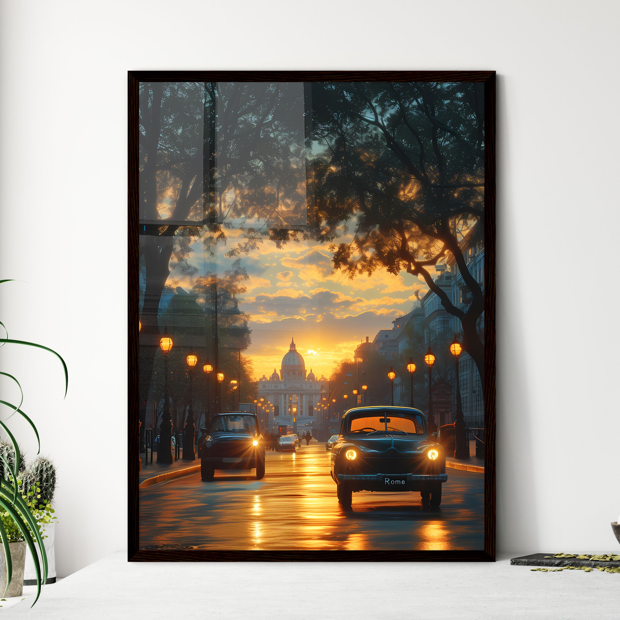 A Poster of Poster Of Rome - Cars On A Street With Trees And Lights by ...