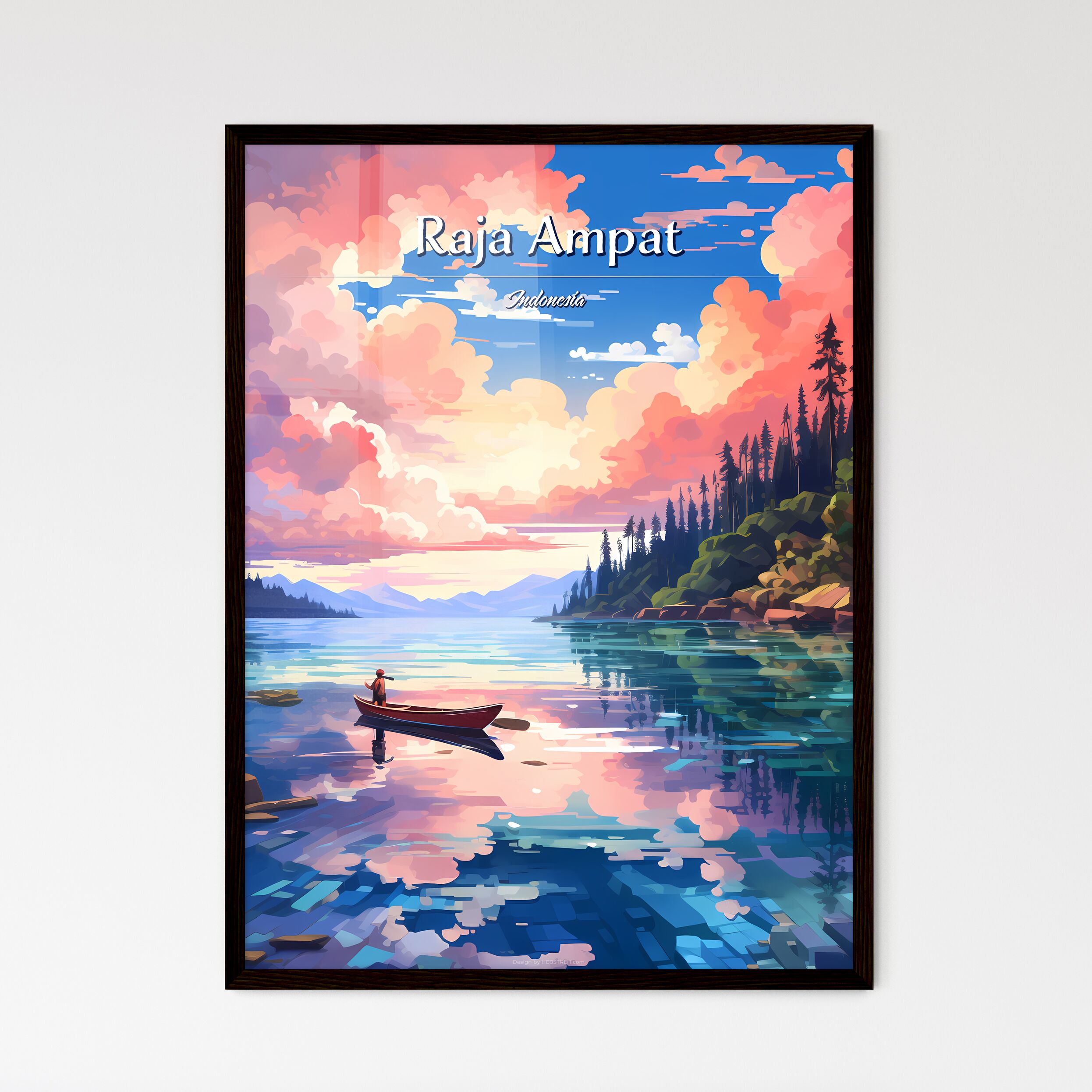A Poster of Raja Ampat, Indonesia - A Painting Of A Man In A Boat On A ...