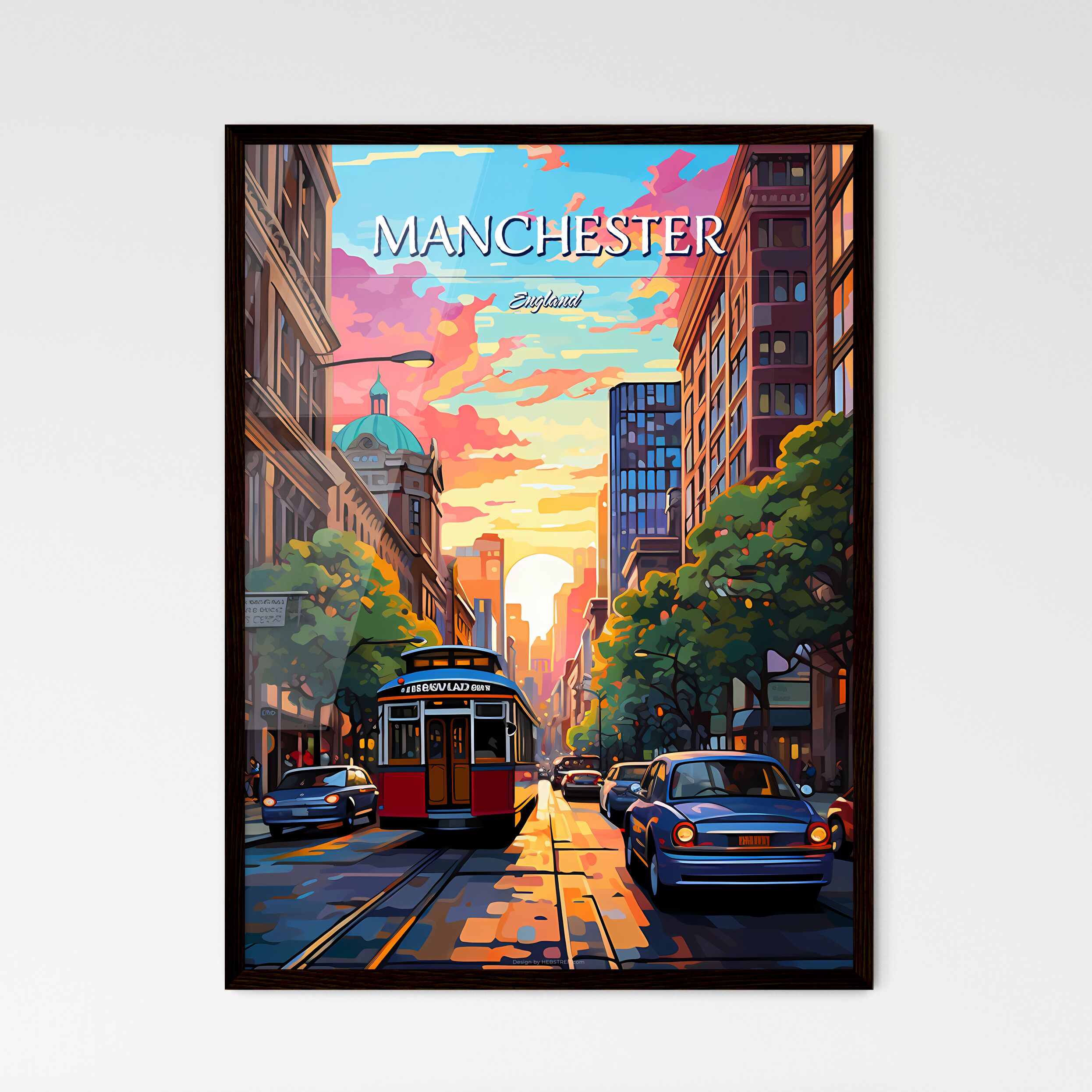 A Poster of Manchester, England - A Street With Cars And A Trolley On ...