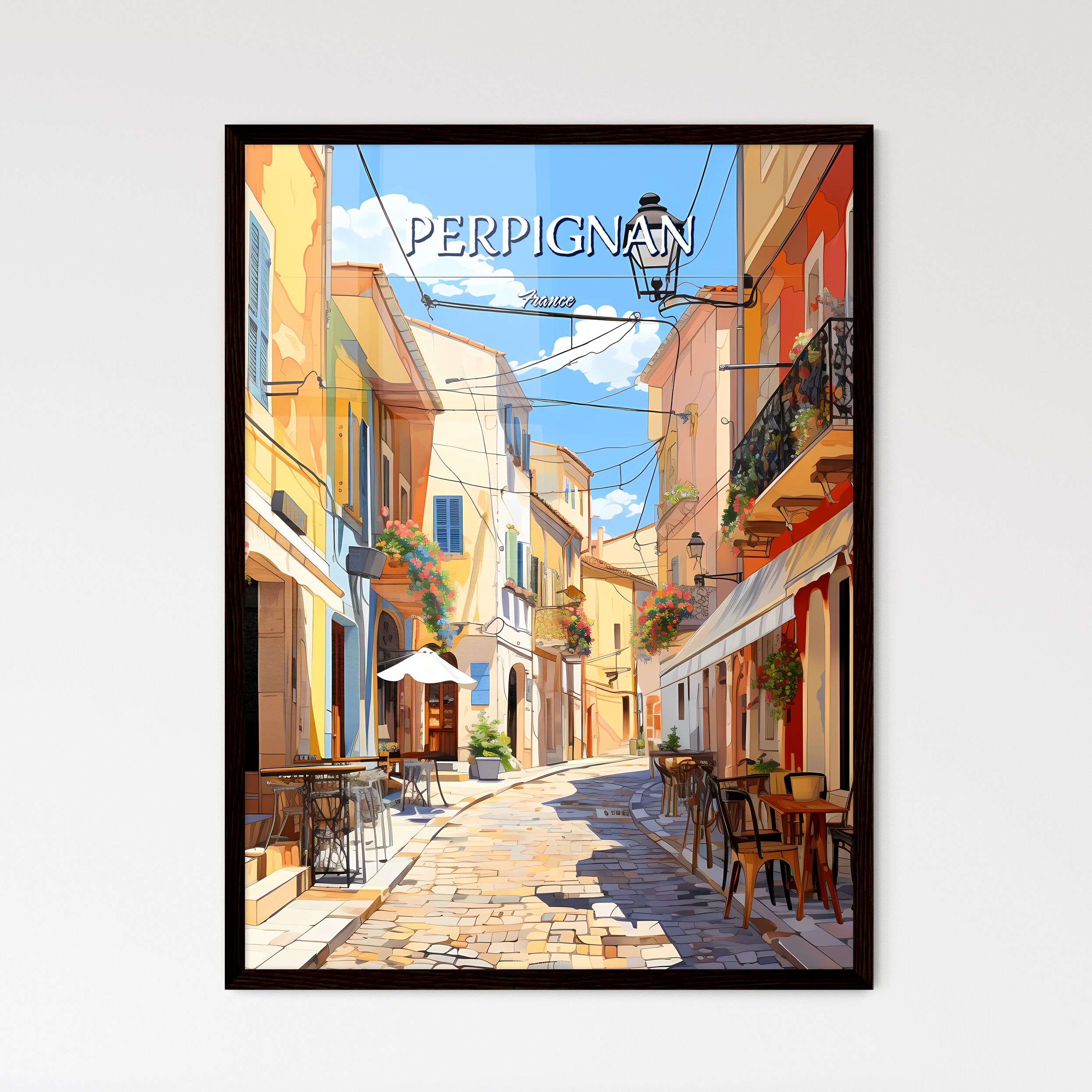 A Poster of Perpignan, France - A Street With Tables And Chairs In A ...