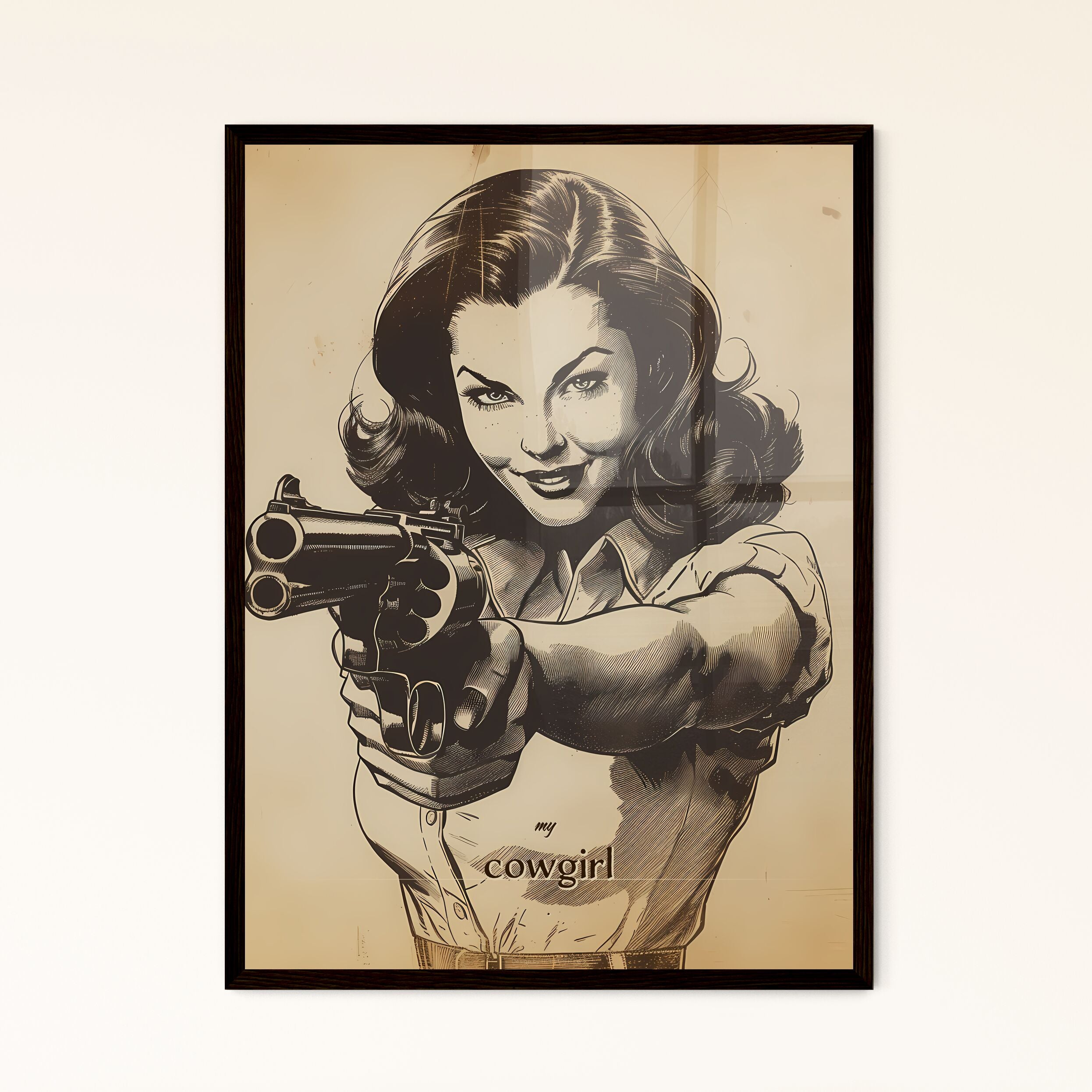 my, cowgirl, A Poster of a woman pointing a gun by HEBSTREIT