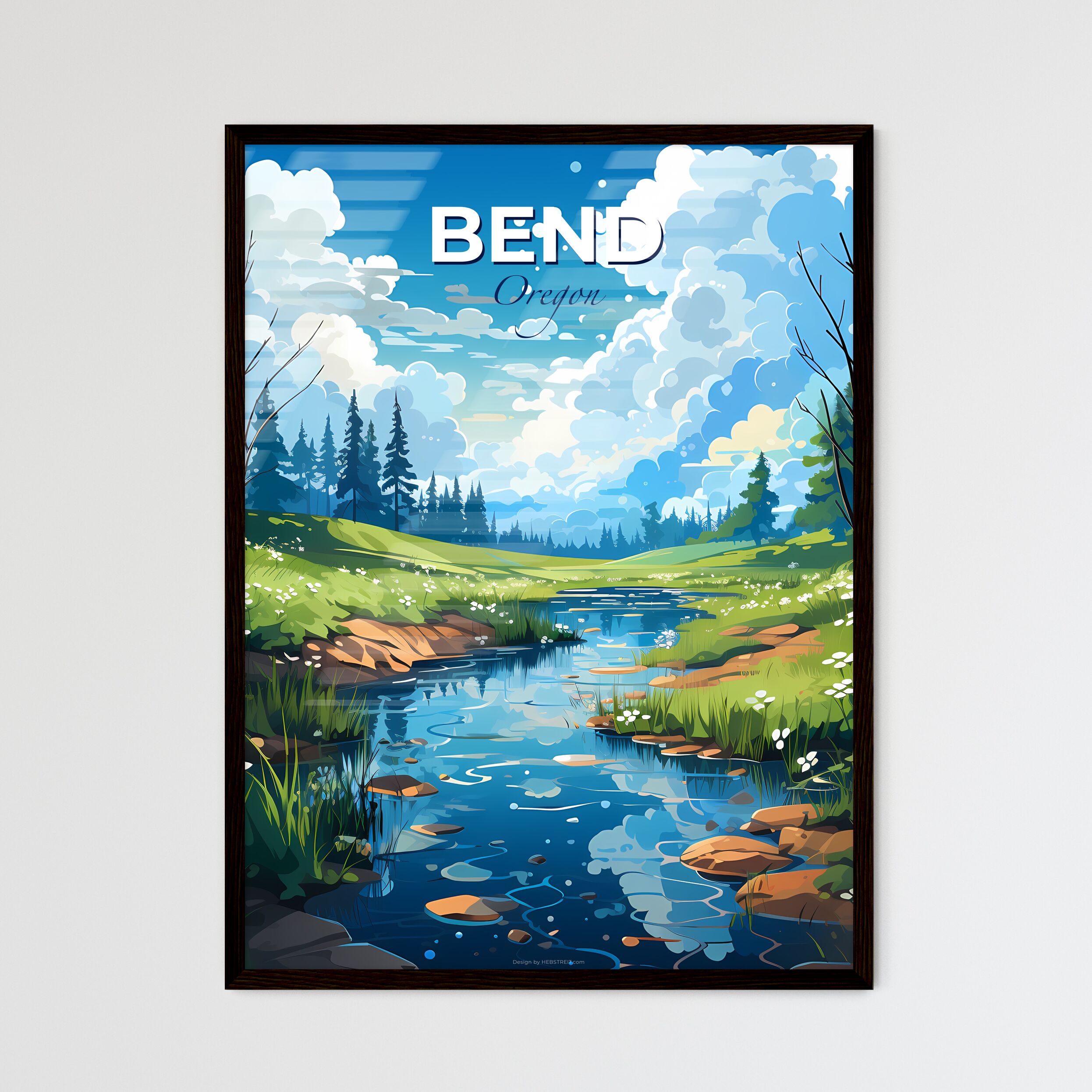 Bend, Oregon, A Poster of a river running through a grassy field by ...