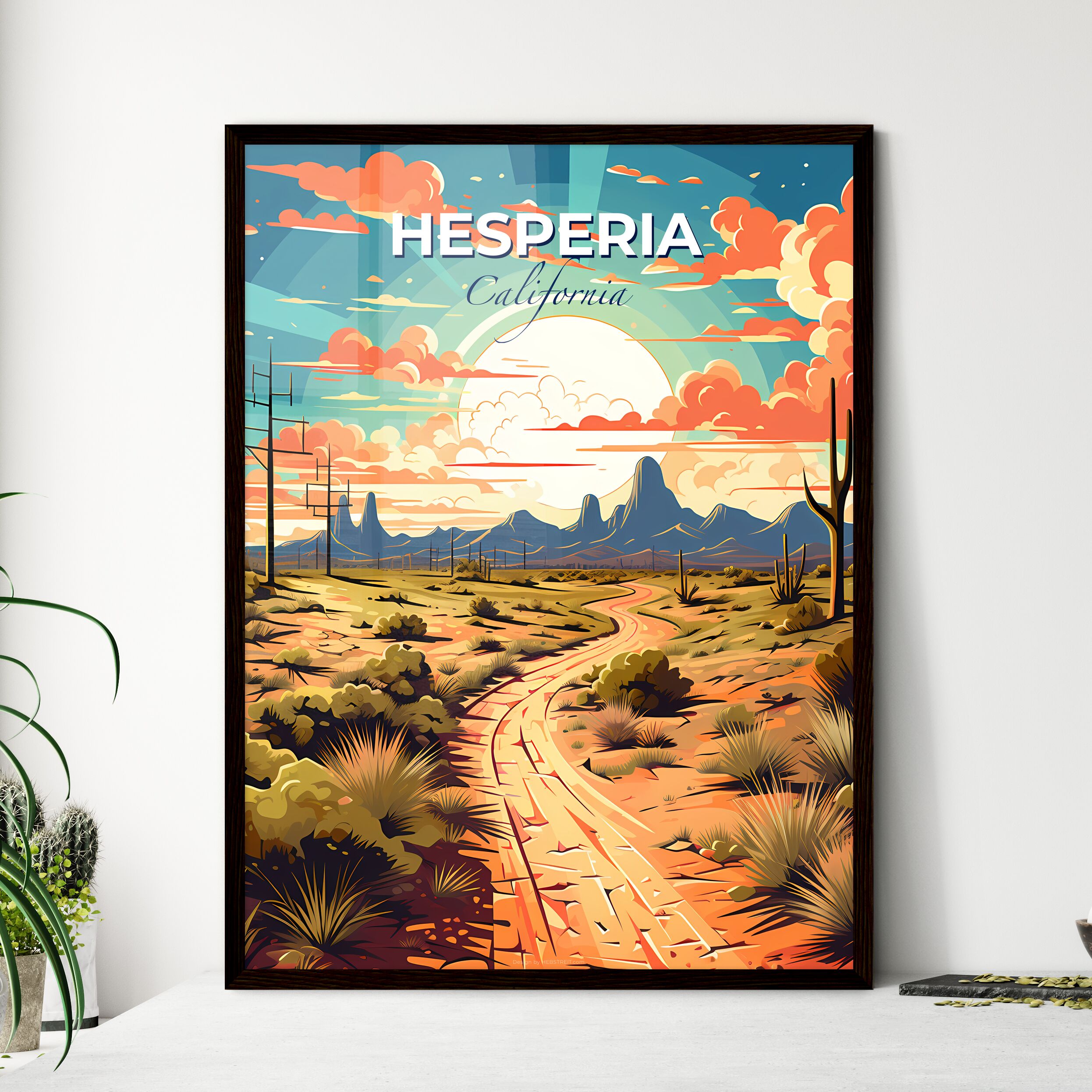 Hesperia, California, A Poster of a dirt road through a desert by HEBSTREIT