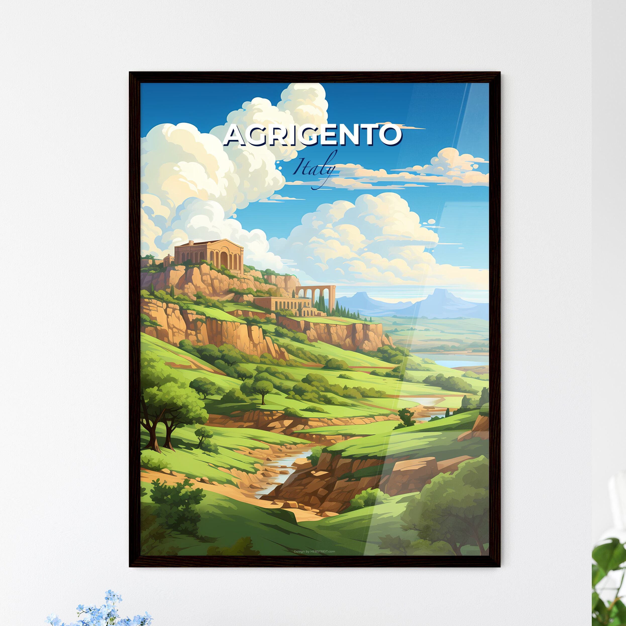 Agrigento, Italy, A Poster of a landscape with a river and a building ...