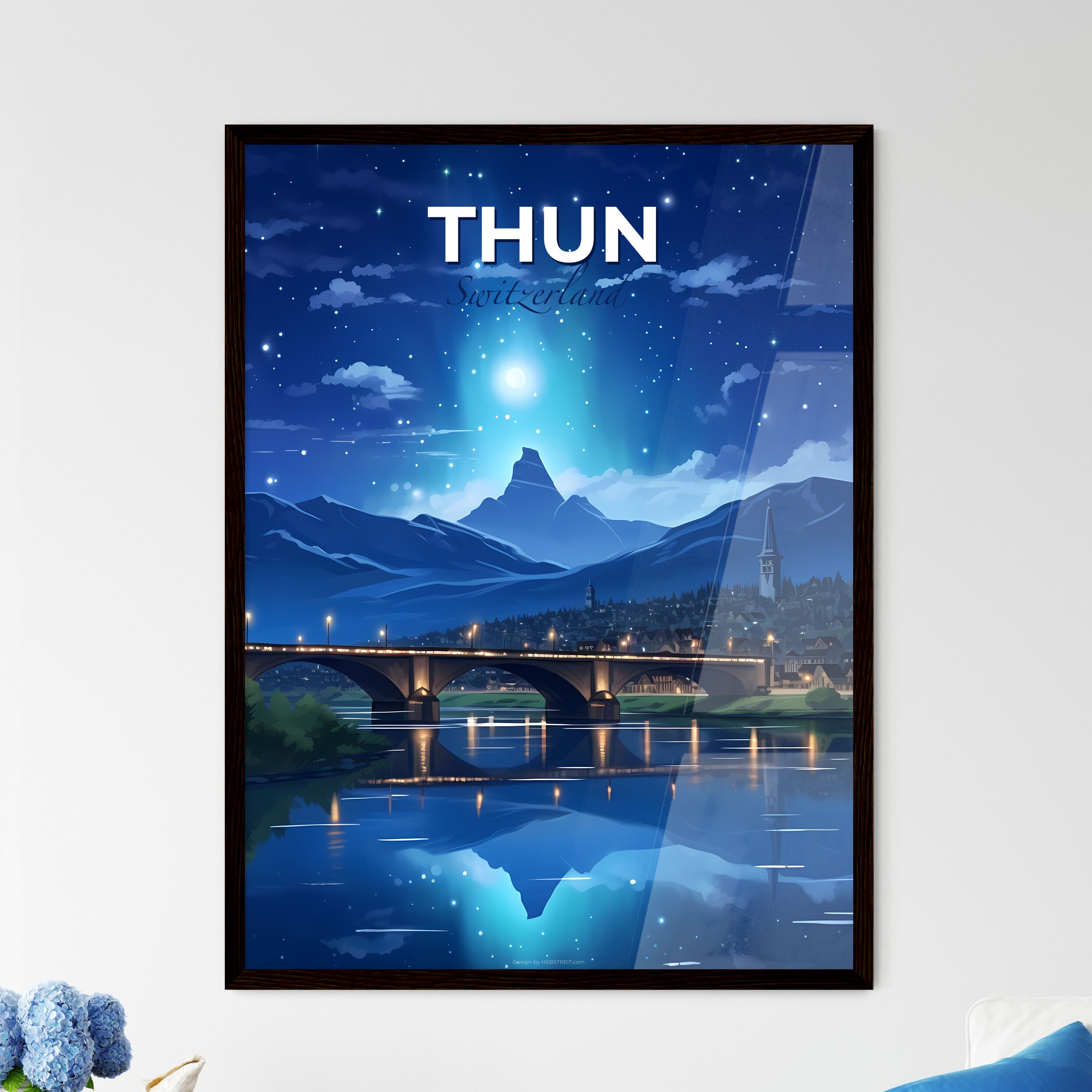 Thun, Switzerland, A Poster of a bridge over a river with a city and ...