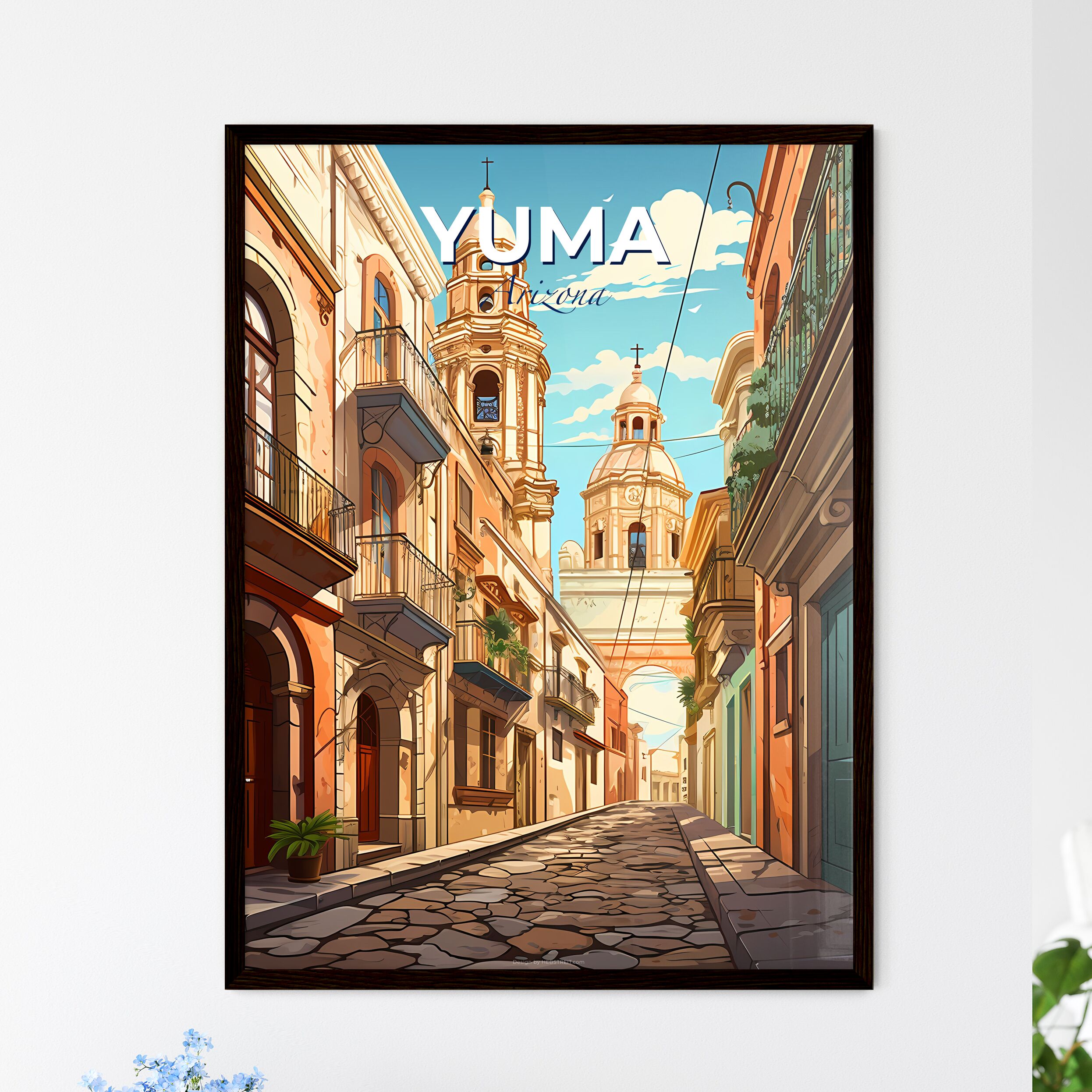 Yuma, Arizona, A Poster of a street with buildings and a tower by HEBSTREIT