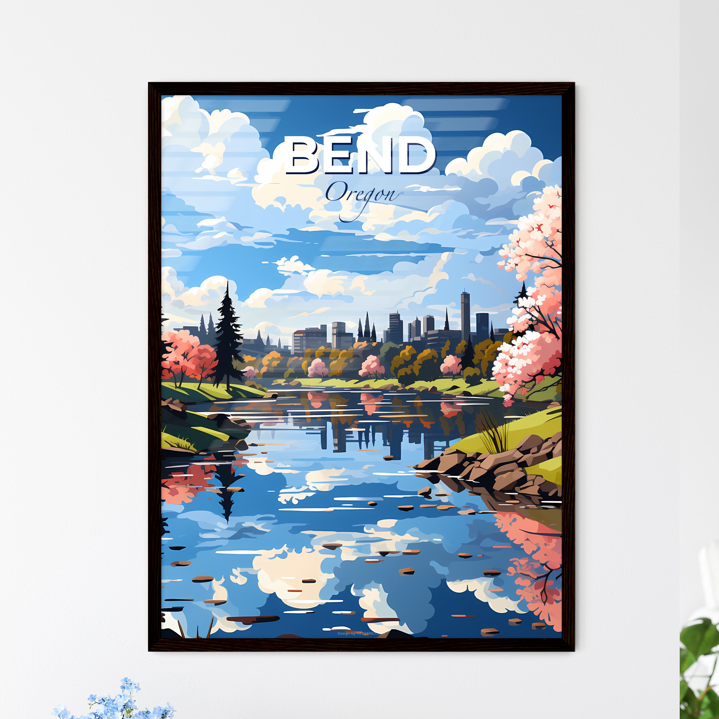 Bend, Oregon, A Poster of a river with trees and a city in the ...