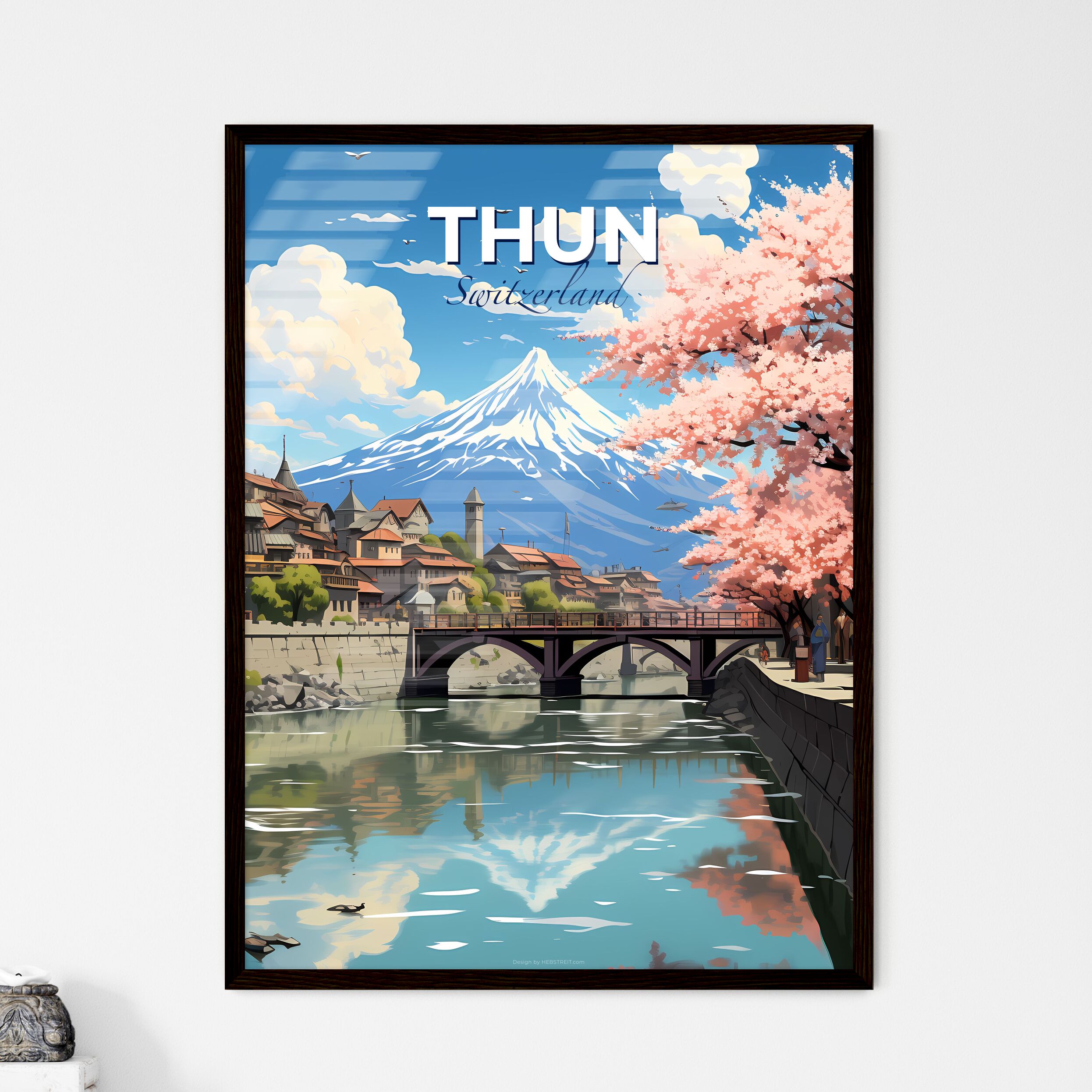 Thun, Switzerland, A Poster of a river with a bridge and a mountain in ...