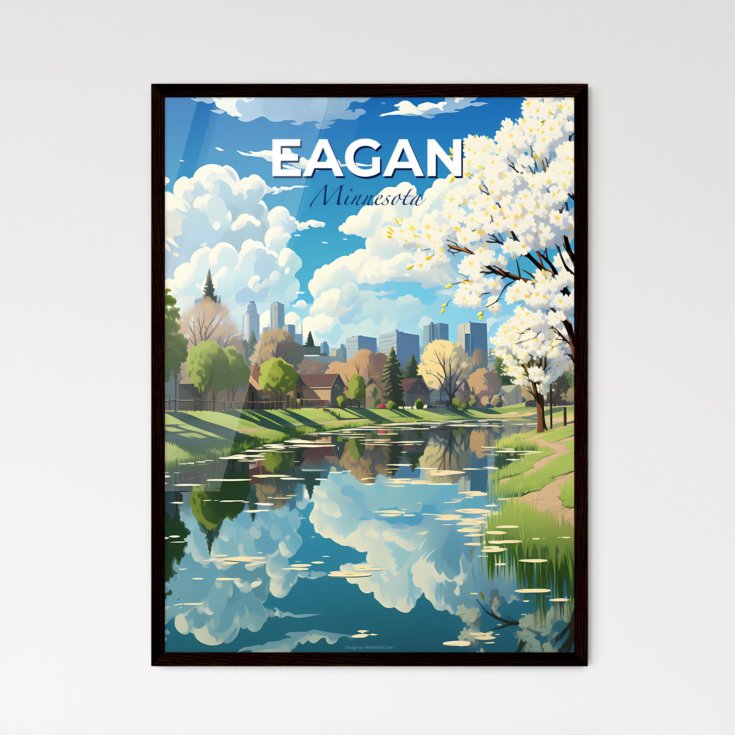 Eagan, Minnesota, A Poster of a river with trees and a city in the ...