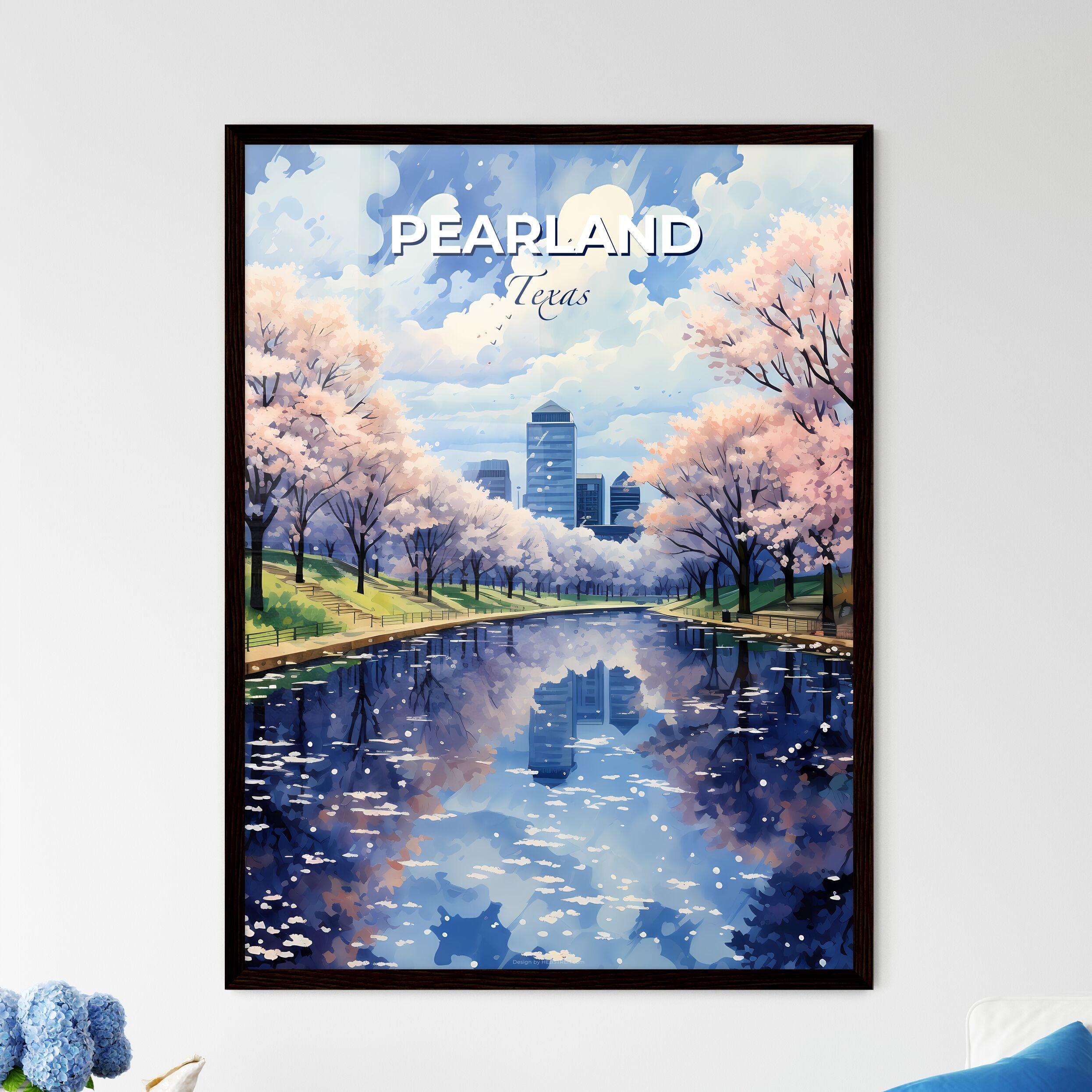 Pearland, Texas, A Poster of a water body with pink trees and buildings ...