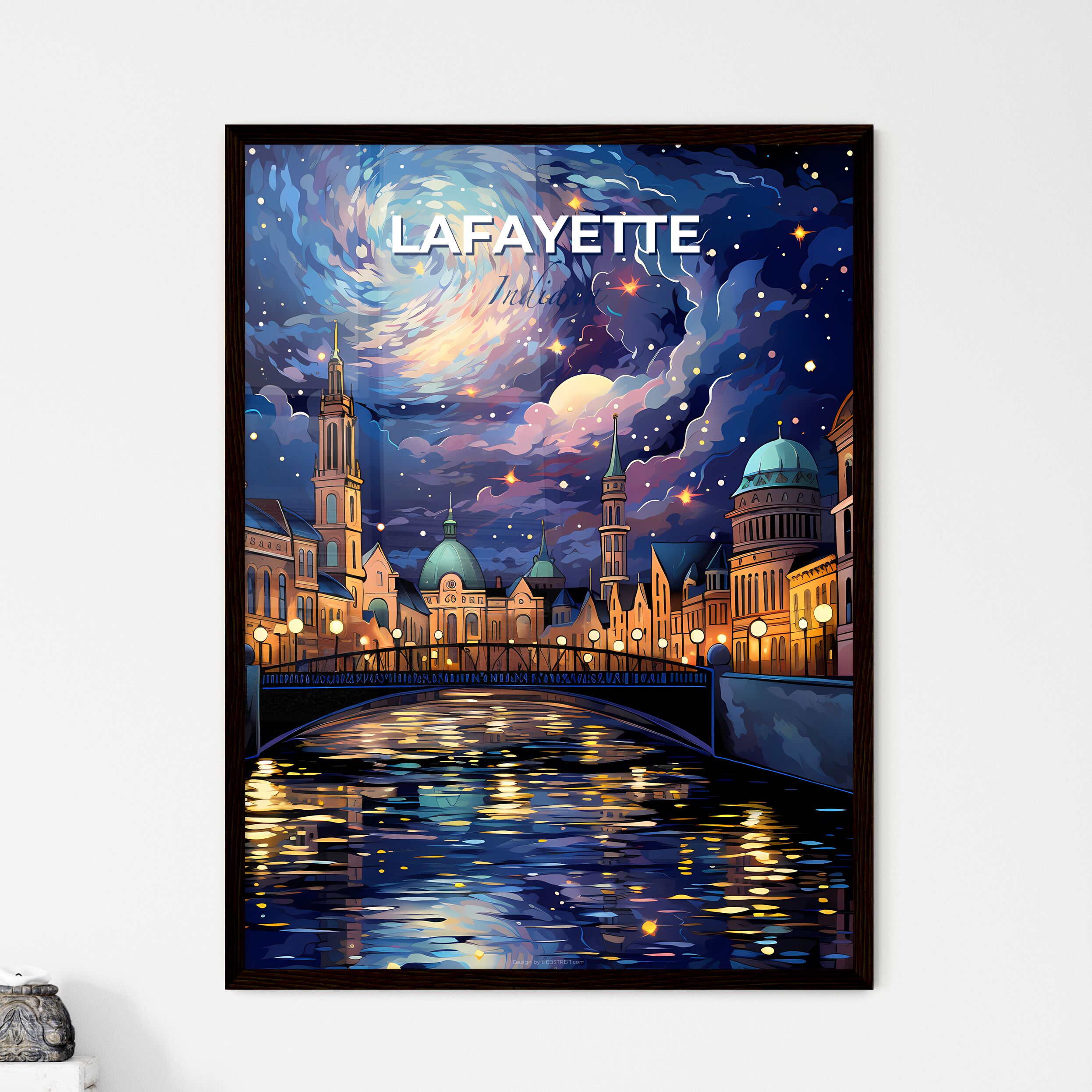 Lafayette, Indiana, A Poster of a bridge over a river with buildings ...