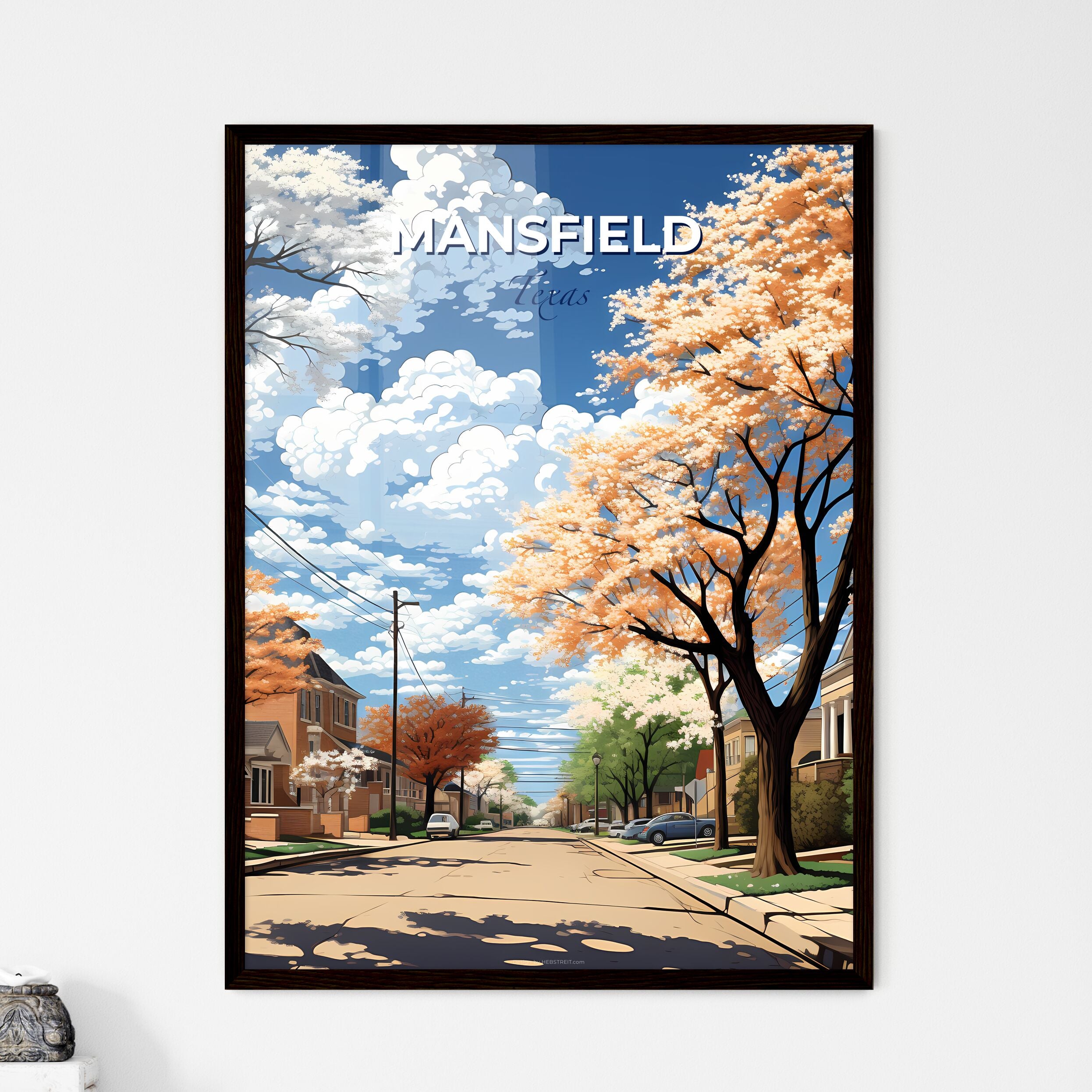 Mansfield, Texas, A Poster of a street with trees and houses on the ...