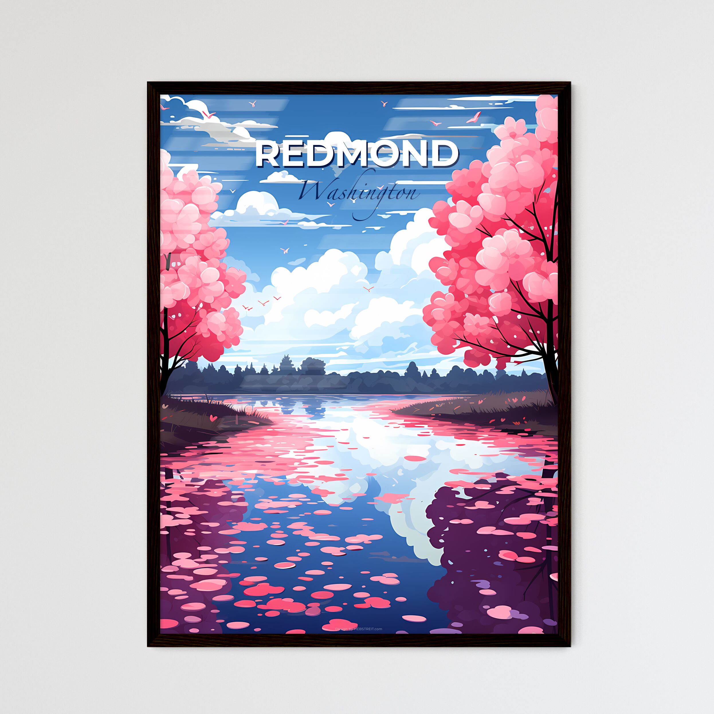 Redmond, Washington, A Poster of a river with pink trees and pink ...